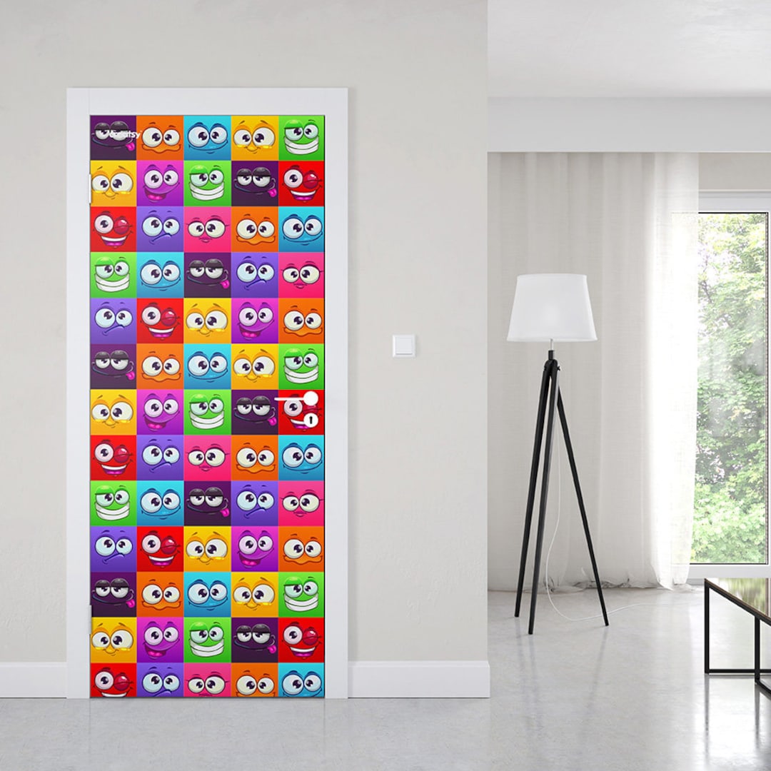 Funny Eyes Door Mural, Smiley Faces Door Decal, Fun Wall Sticker, Home ...