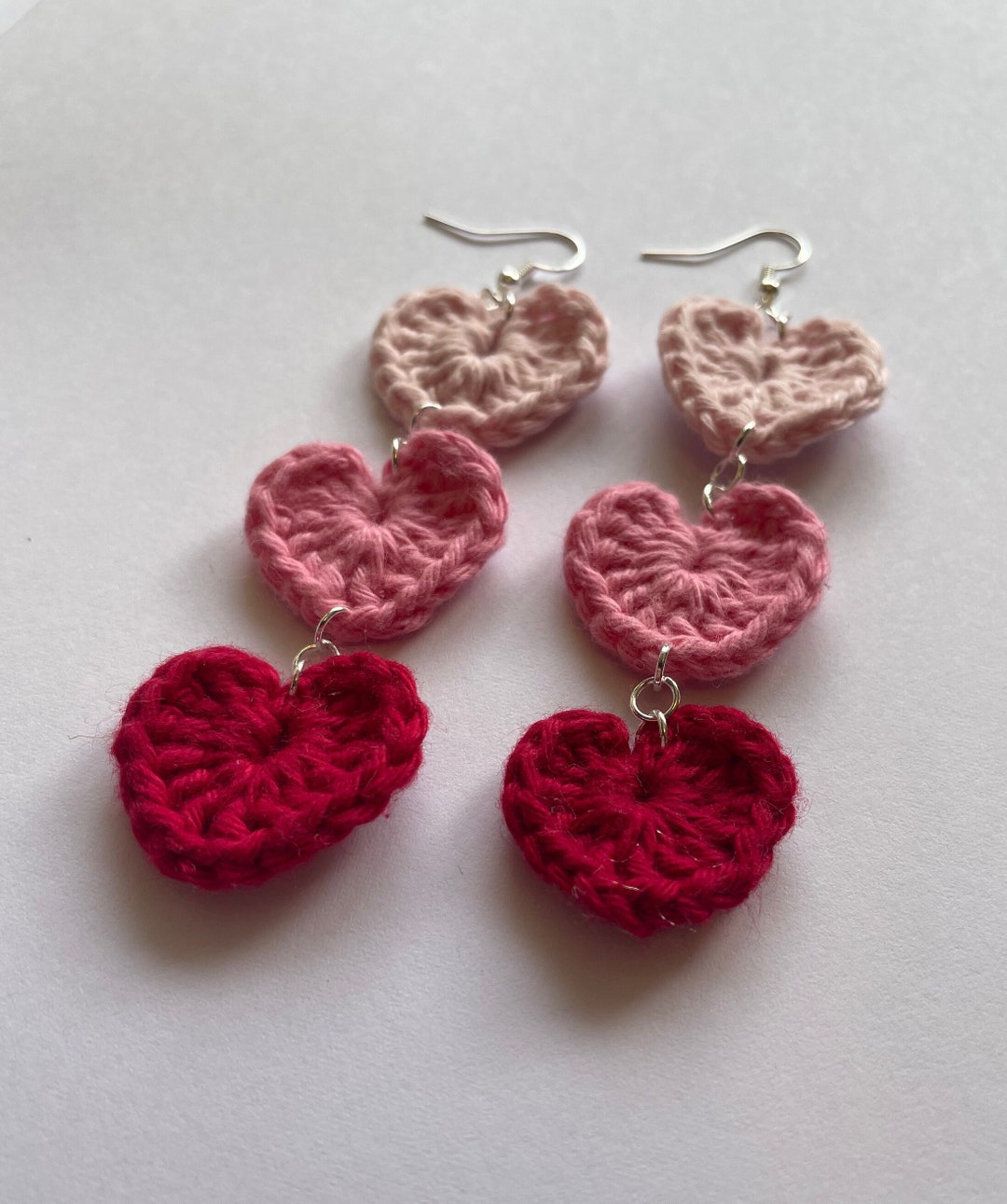 Crochet Red and Pink Triple Heart Earrings - Etsy