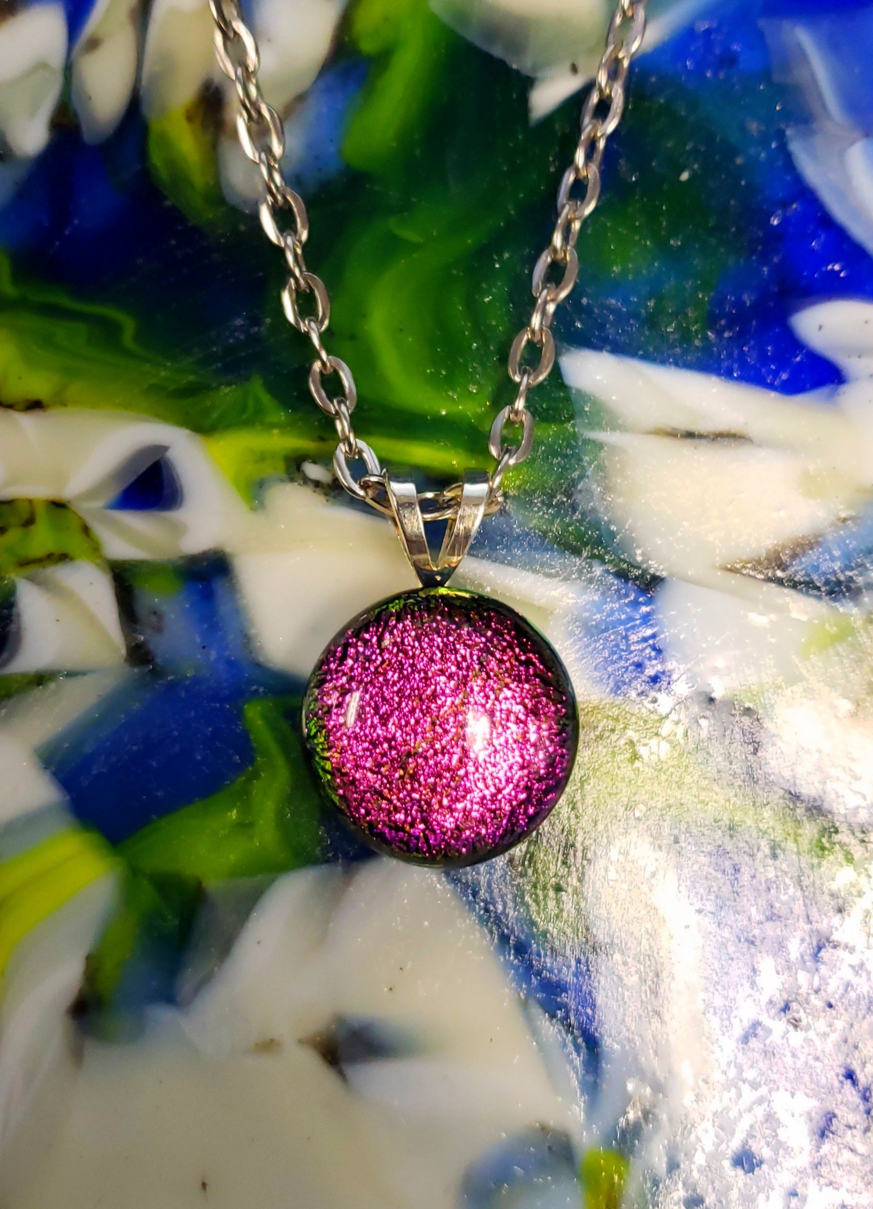 Rose Colored Dichroic Glass Necklace, Sparkly Pink Dot Charm, Bright ...