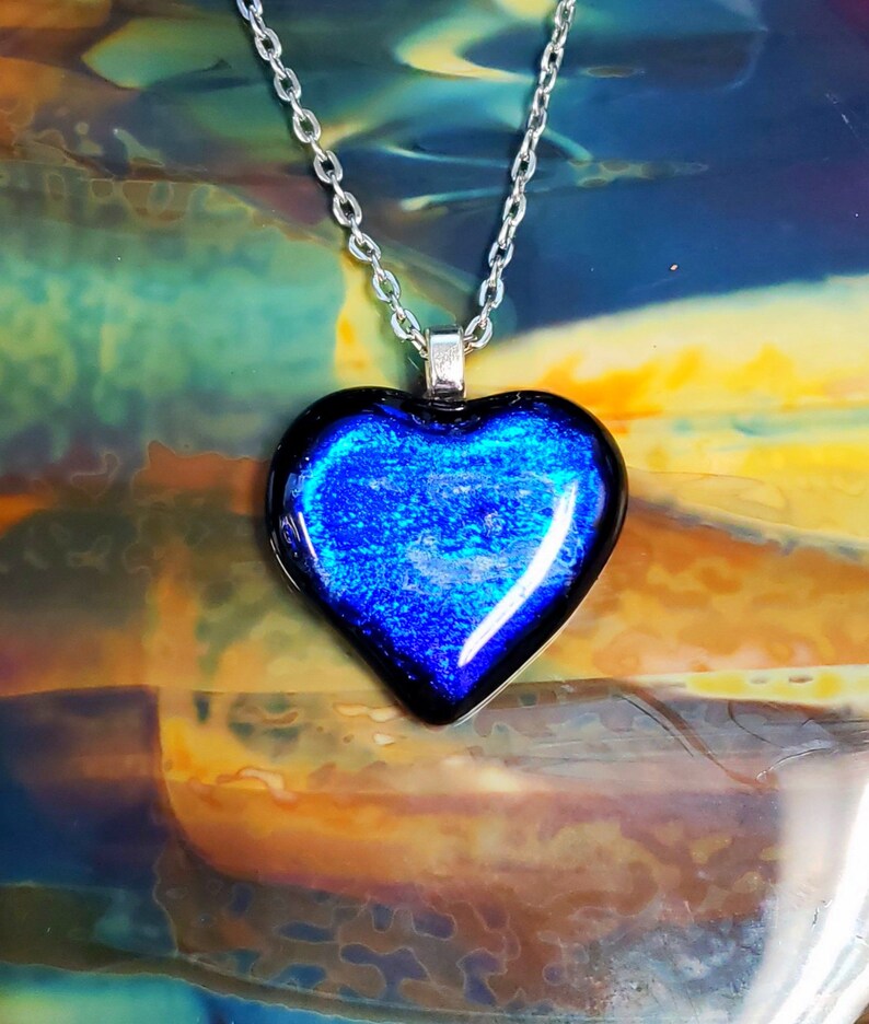 Indigo Blue Heart Necklace, Smoky Blue Dichroic Glass Charm, Cobalt ...