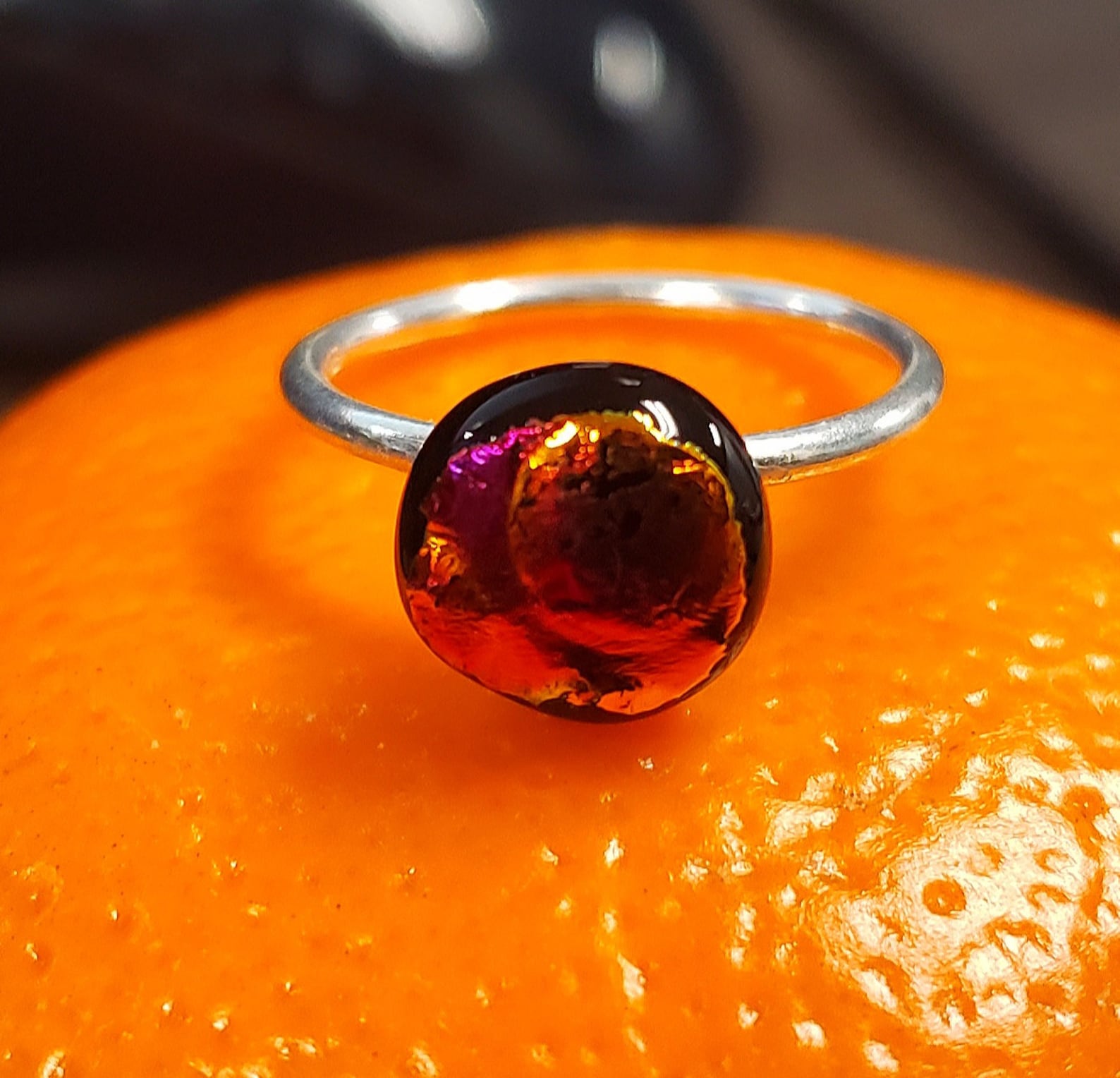 Plum Bubble Ring, Rich Plum & Gold Dichroic Textured Glass Mounted on ...