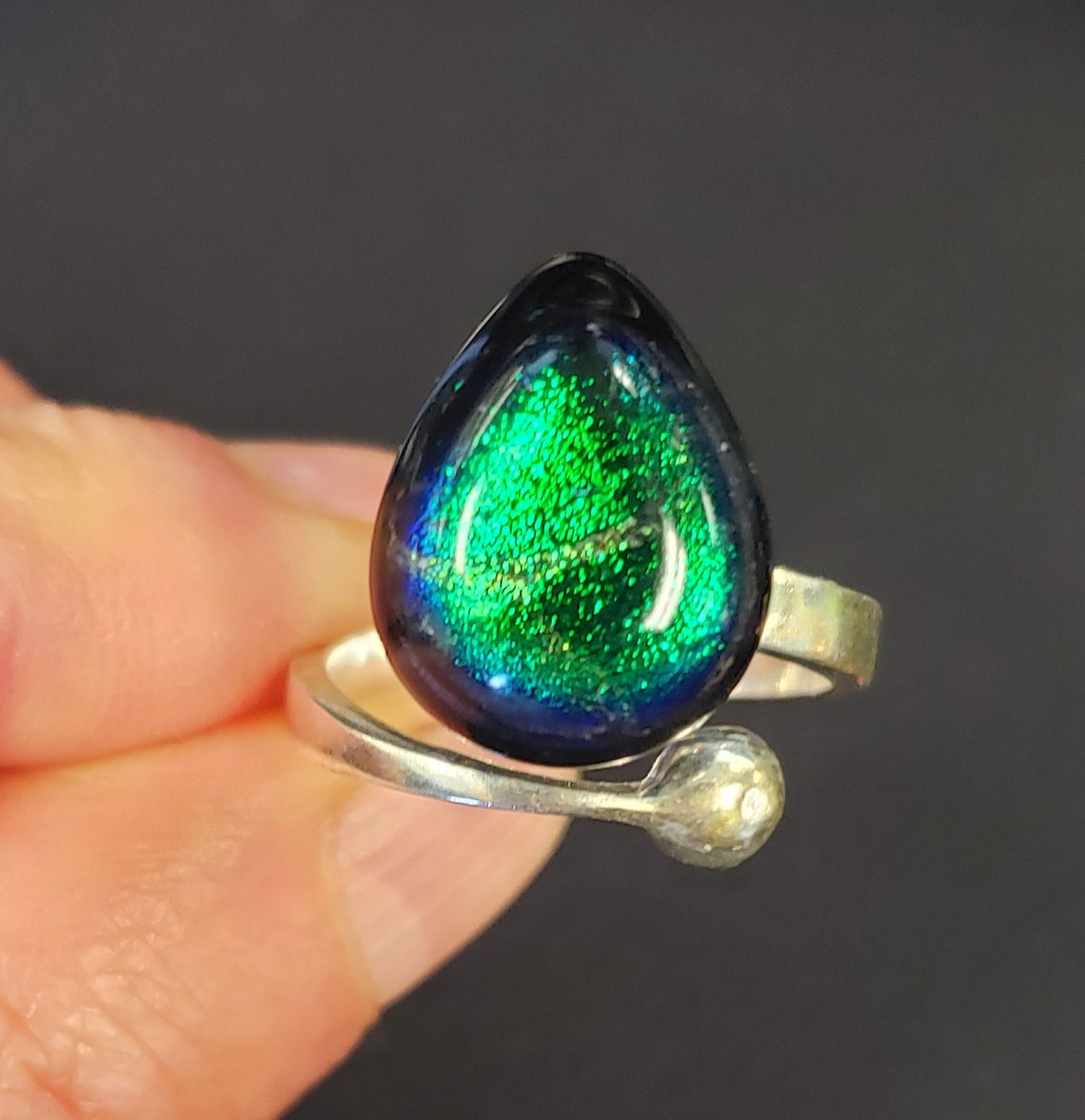Glowing Green Raindrop Ring, Forest Dichroic Glass Teardrop on a .925 ...