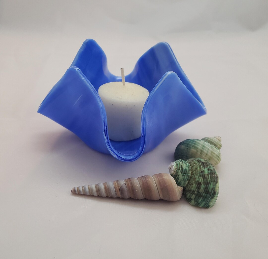 Sky Blue Folded Glass Votive Holder, Royal Azure With Wispy White ...