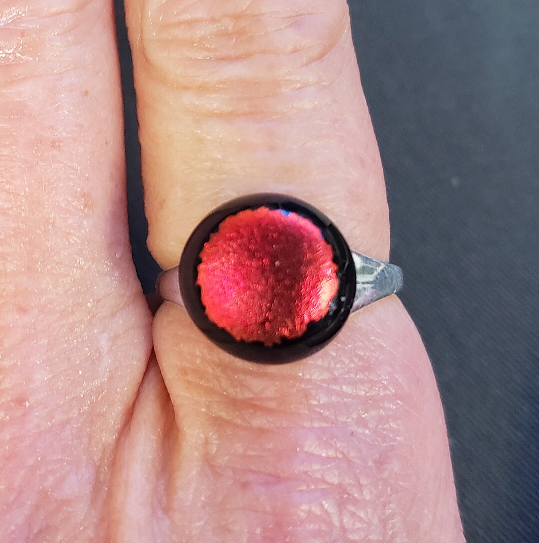 Candy Apple Red Dichroic Glass Ring, Hot Red Dot Mounted on a Sterling ...