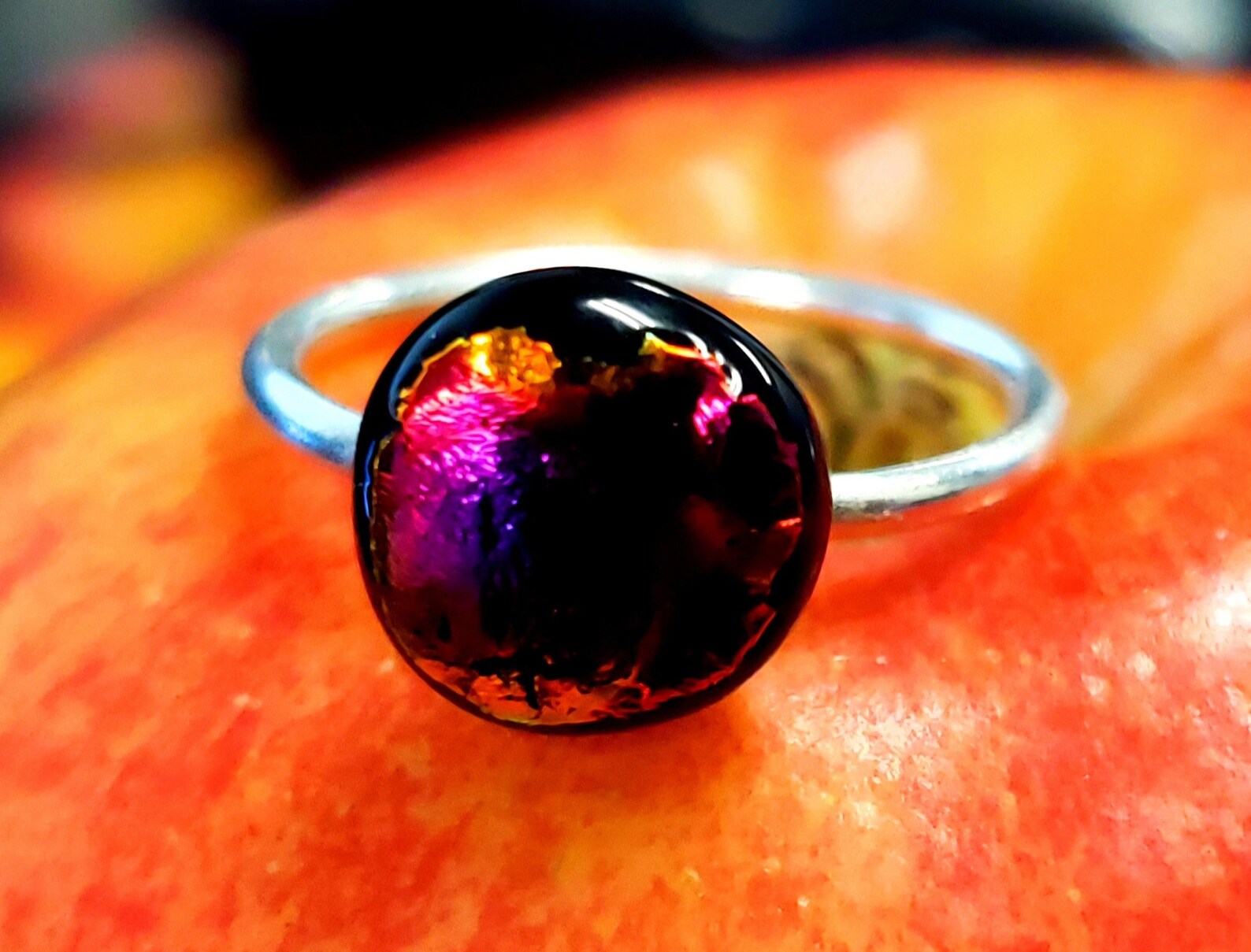 Plum Bubble Ring, Rich Plum & Gold Dichroic Textured Glass Mounted on ...