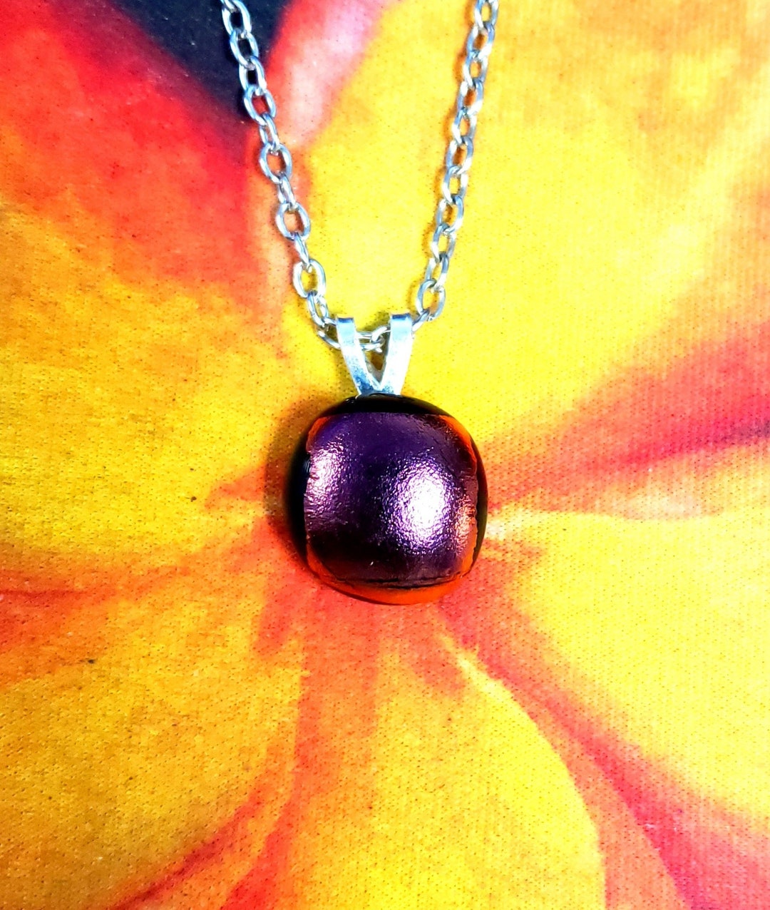 Brick Red Dichroic Glass Necklace, Metallic Red Glass Droplet Pendant ...