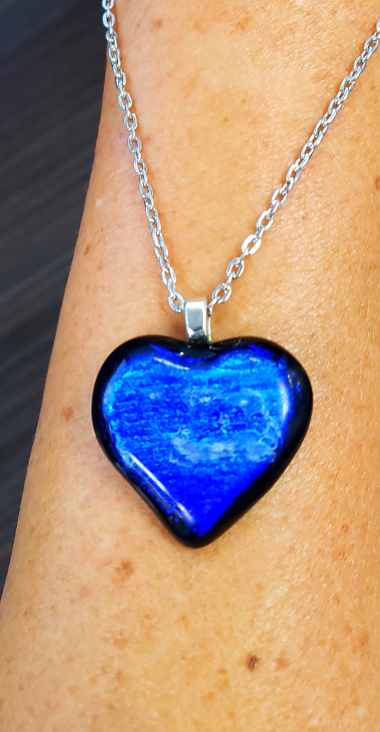 Indigo Blue Heart Necklace, Smoky Blue Dichroic Glass Charm, Cobalt ...