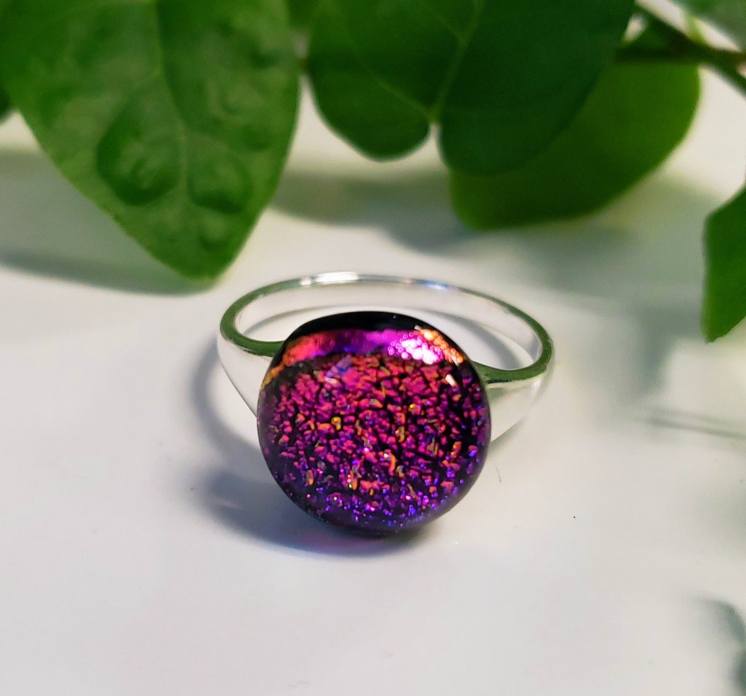 Sparkly Pink Dichroic Glass Ring, Pretty in Pink Signet Size 8 Sterling ...