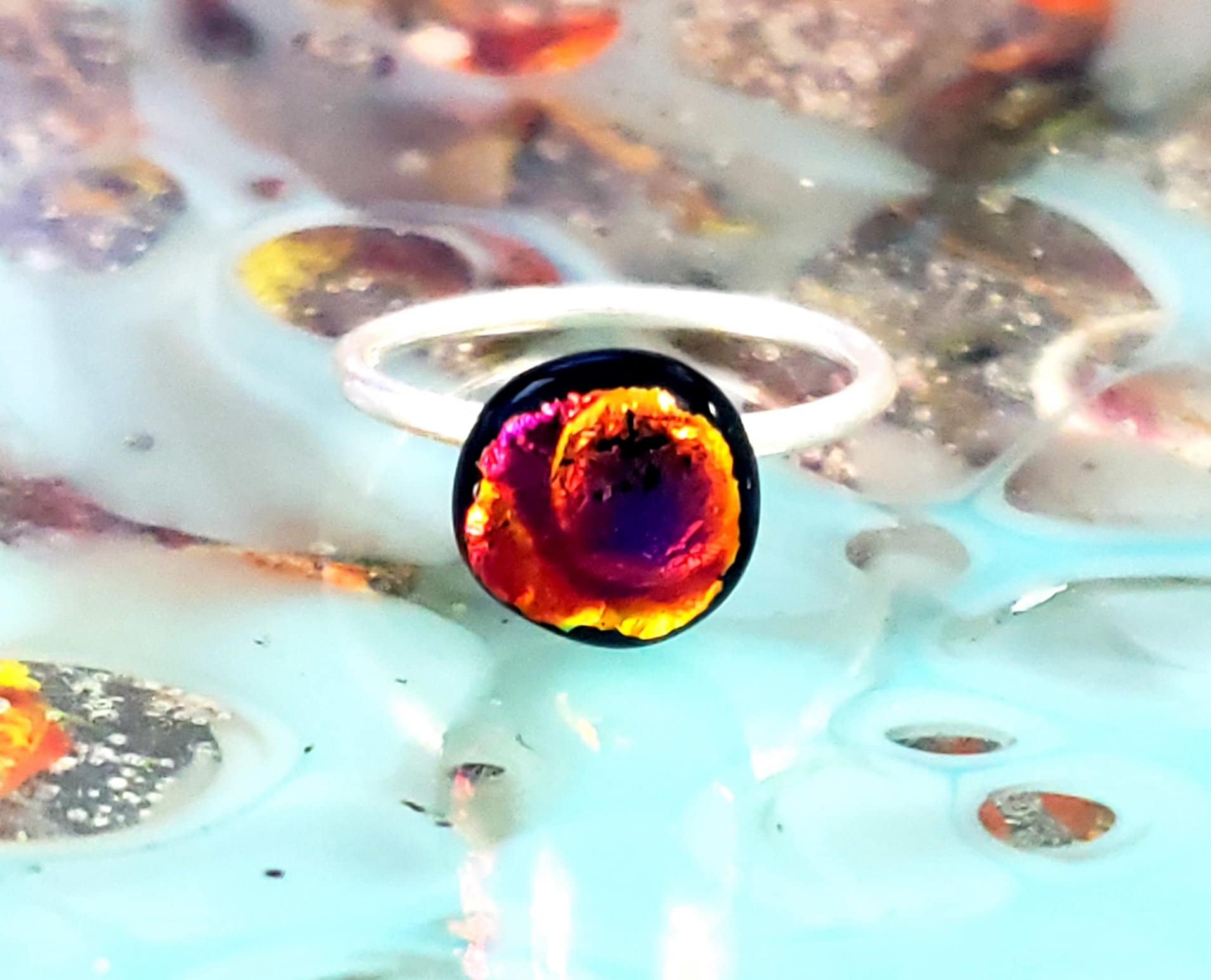 Plum Bubble Ring, Rich Plum & Gold Dichroic Textured Glass Mounted on ...