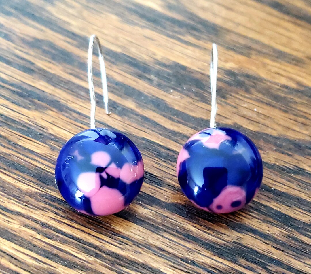 Colorful Cobalt and Pink Glass Dangle Earrings, Lightweight Deep Blue ...