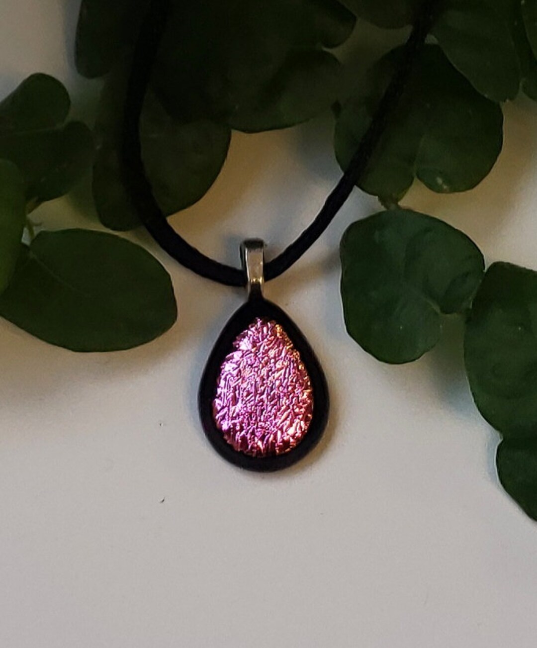 Glittering Pink Dichroic Glass Teardrop Necklace, Rose Colored Raindrop ...