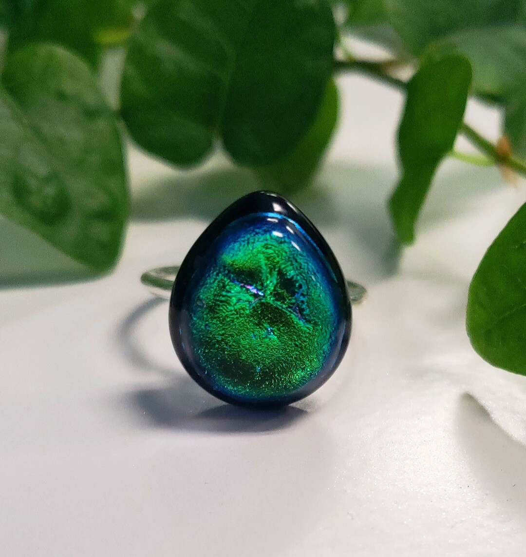 Glowing Green Raindrop Ring, Hand Cut Dichroic Glass Mounted on Sterling Silver, Spring Green ...