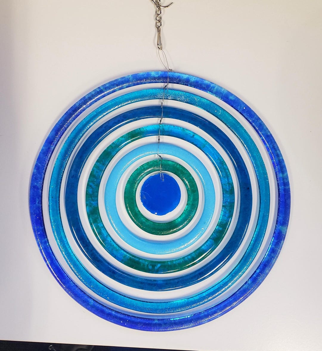 Ocean Blue Glass Rings Mobile, Spinning Cerulean Rings Garden Art ...