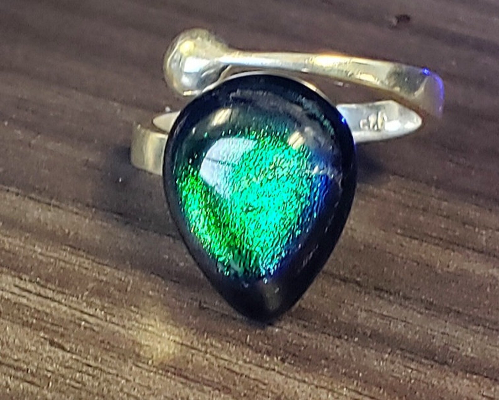 Glowing Green Raindrop Ring, Forest Dichroic Glass Teardrop on a .925 ...