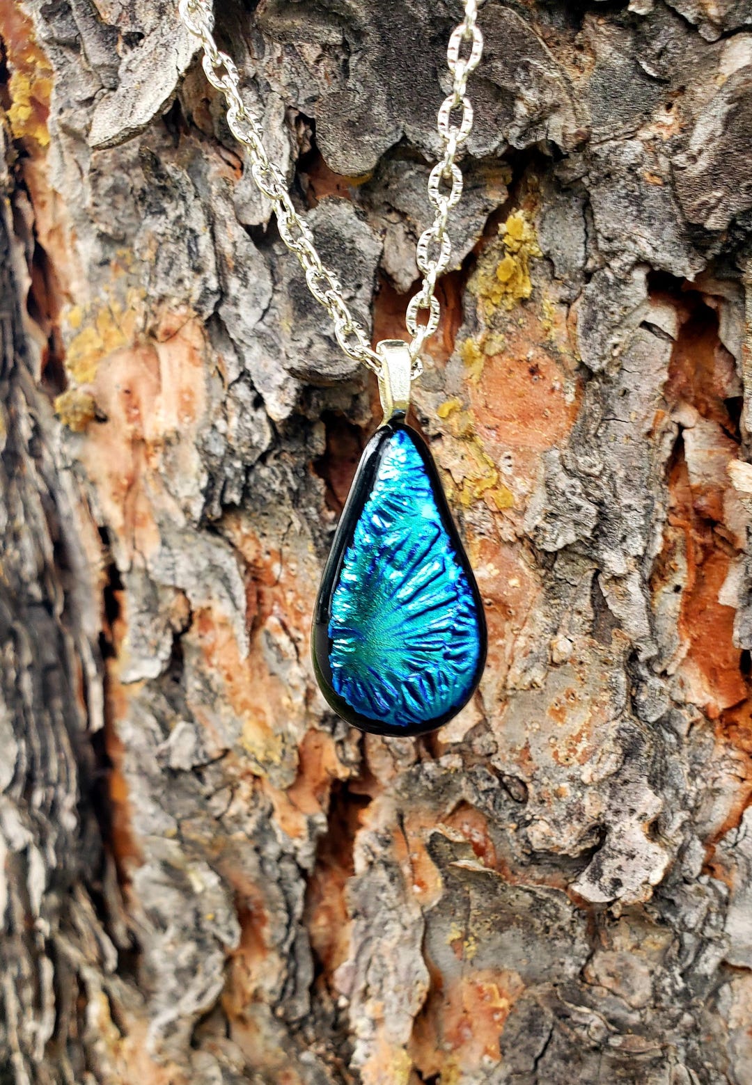 Denim Blue Fireworks Pendant, Unique Colorful Dichroic Glass Necklace ...
