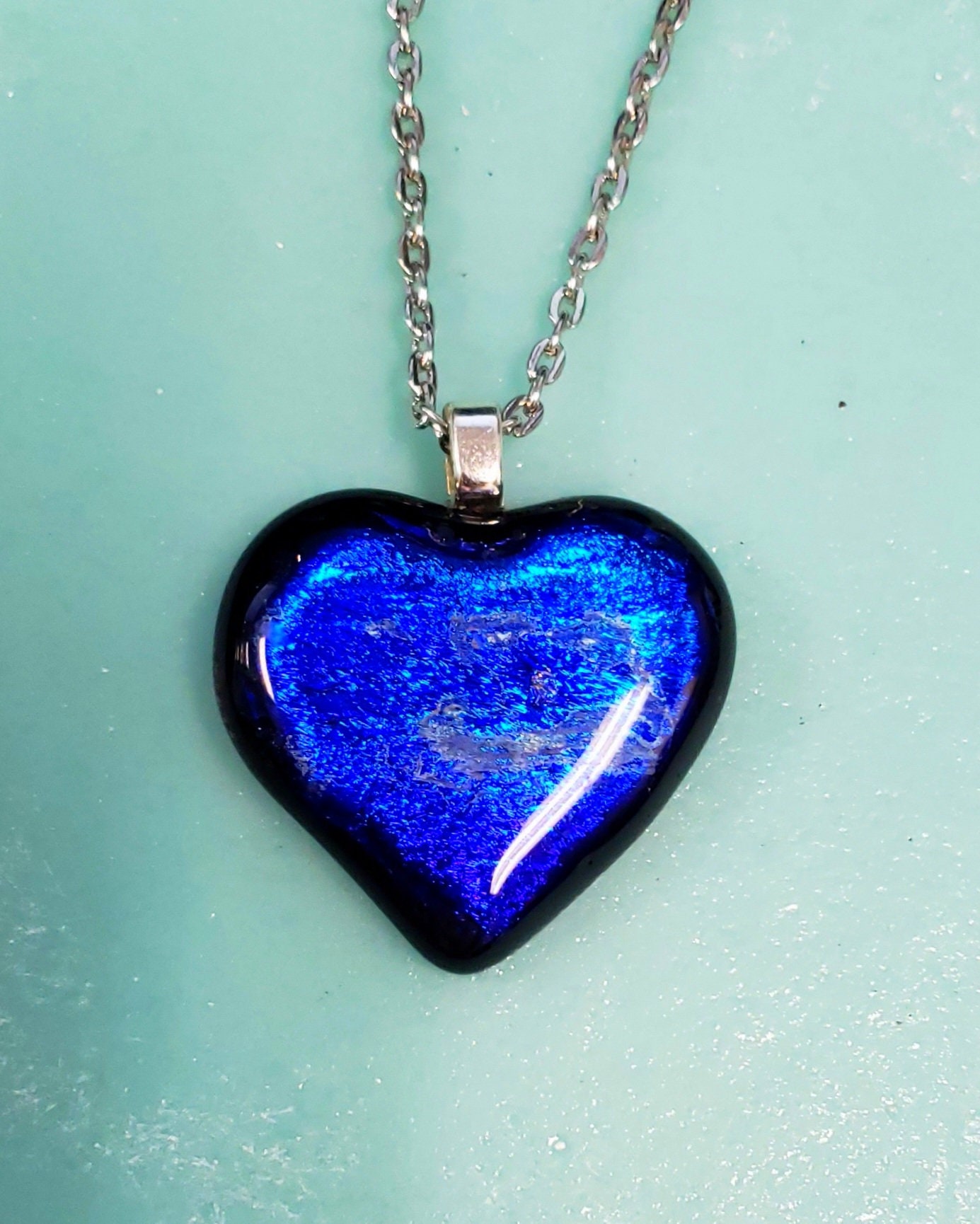 Indigo Blue Heart Necklace, Smoky Blue Dichroic Glass Charm, Cobalt ...