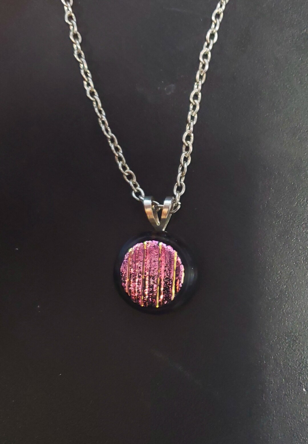 Light Pink Striped Dichroic Glass Necklace, Colorful Rose Colored Glass ...