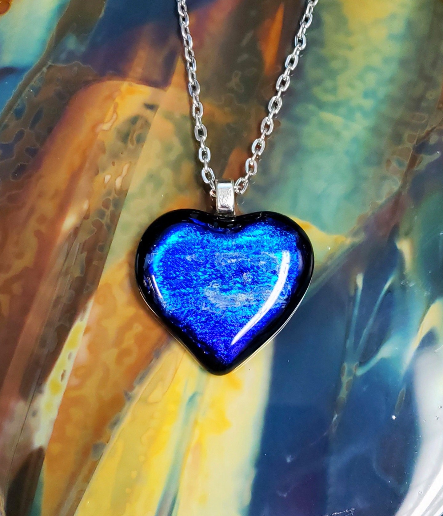 Indigo Blue Heart Necklace, Smoky Blue Dichroic Glass Charm, Cobalt ...