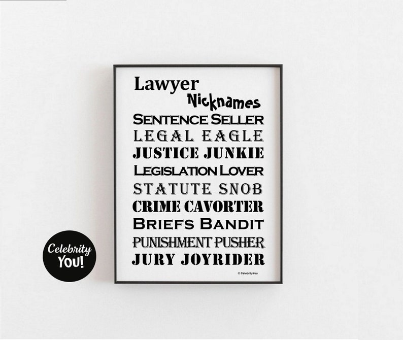 Lawyer Nicknames PRINTABLE Law Office Decor, Cruel Funny Lawyer Joke ...