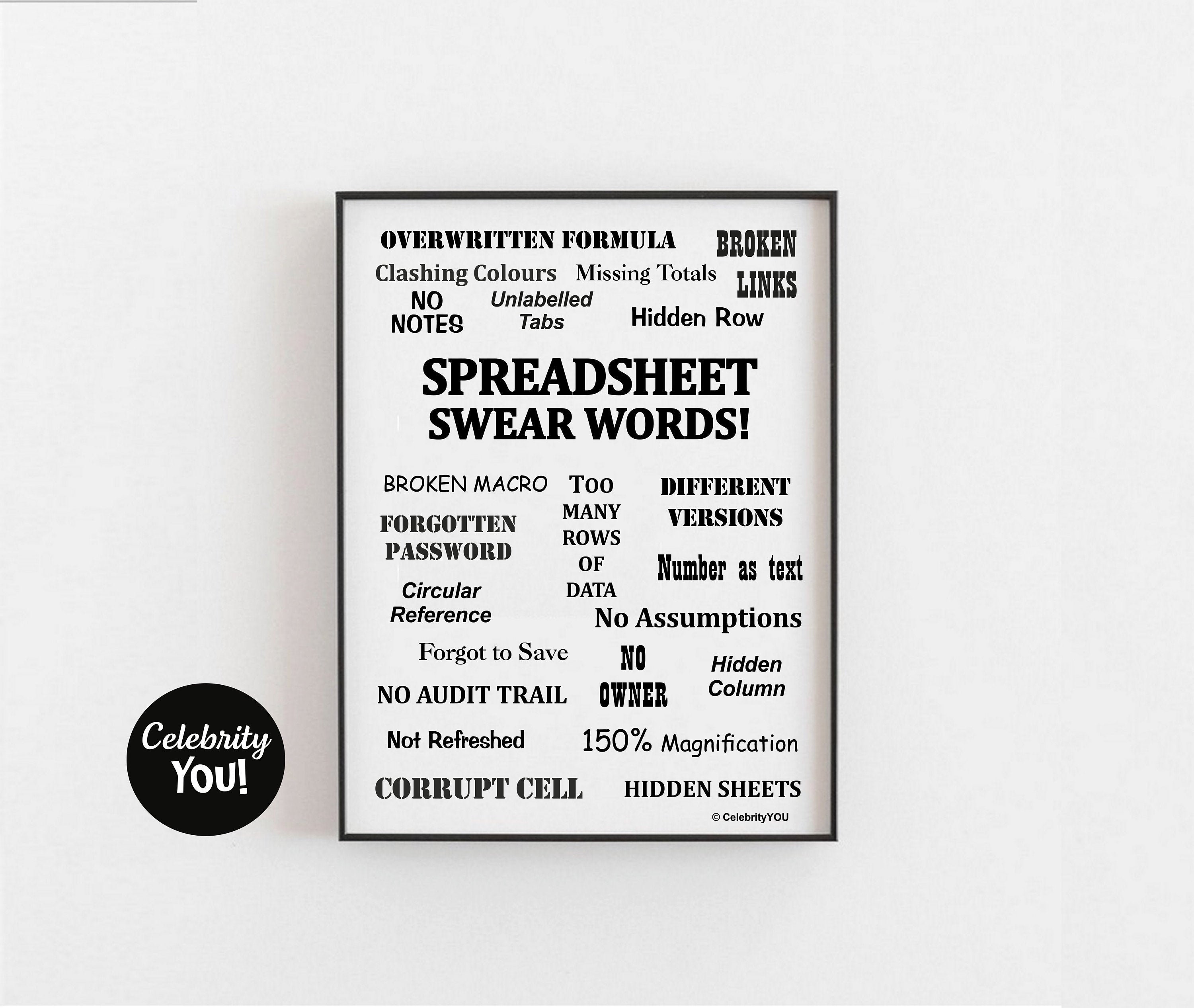 Spreadsheet Swear Words PRINTABLE Office Decor, Funny Spreadsheet Gift ...