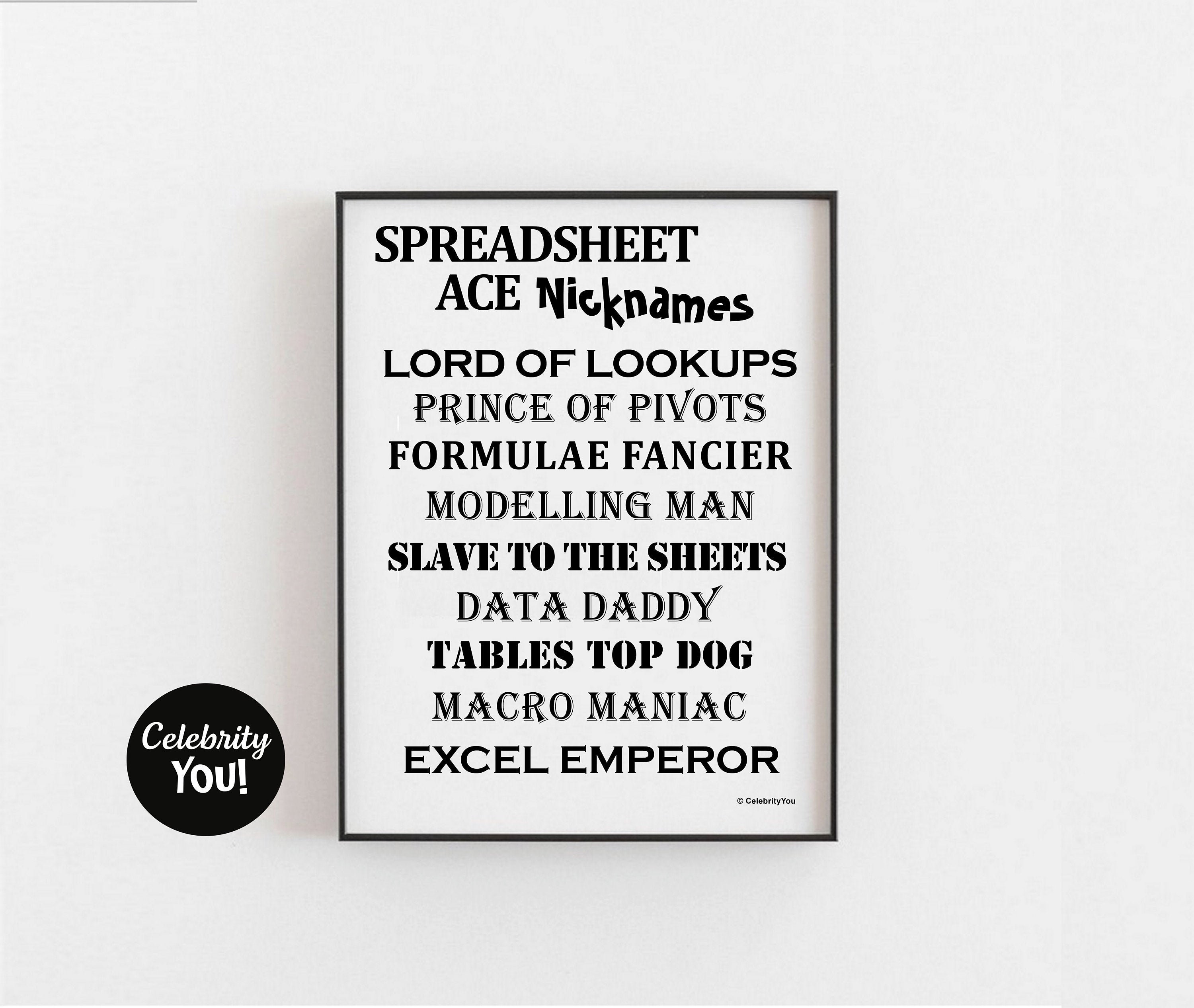Spreadsheet Ace Nicknames PRINTABLE Wall Art | Funny Spreadsheets Gift ...