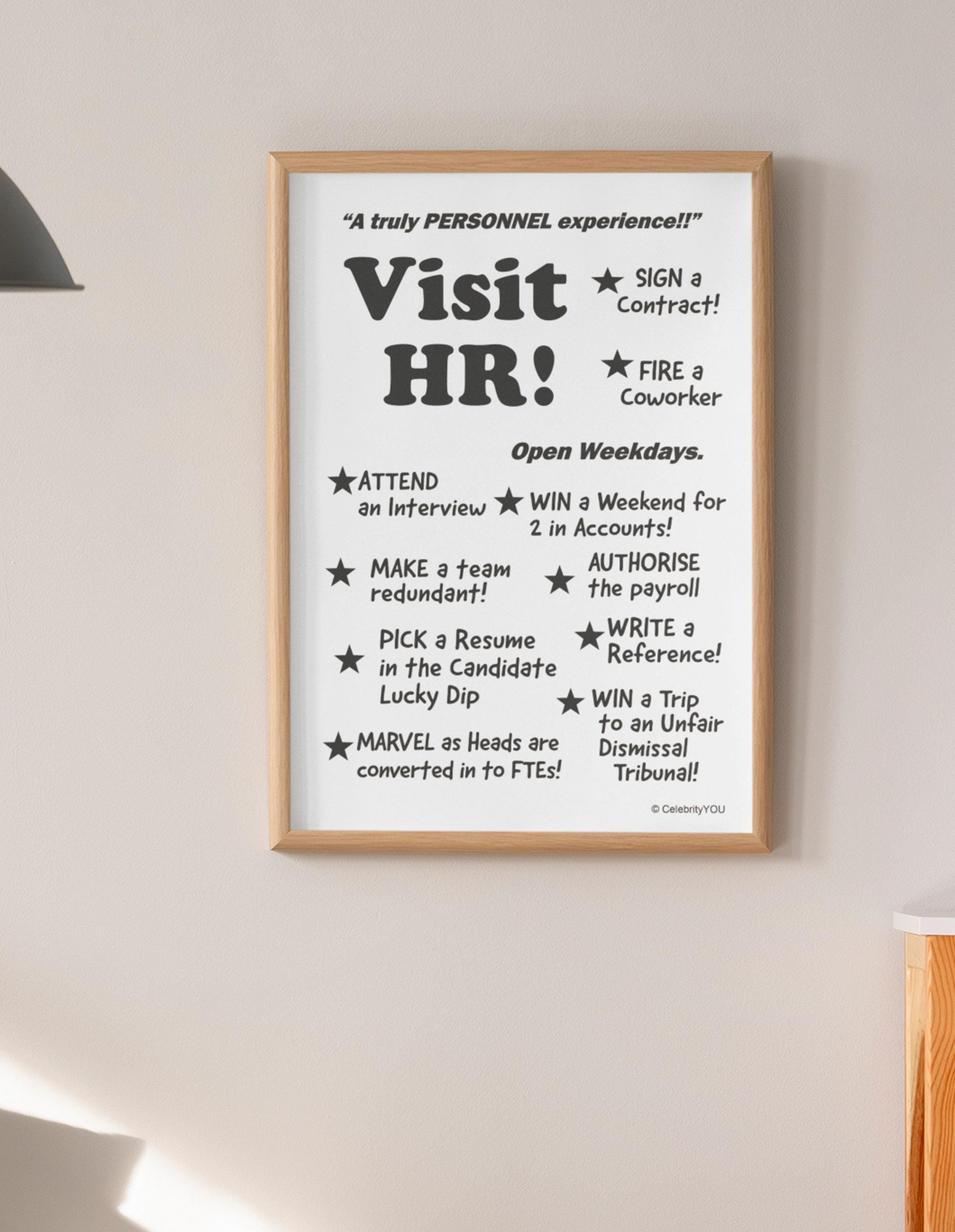 Funny Human Resources Printable Office Sign: Visit HR Personnel Poster ...