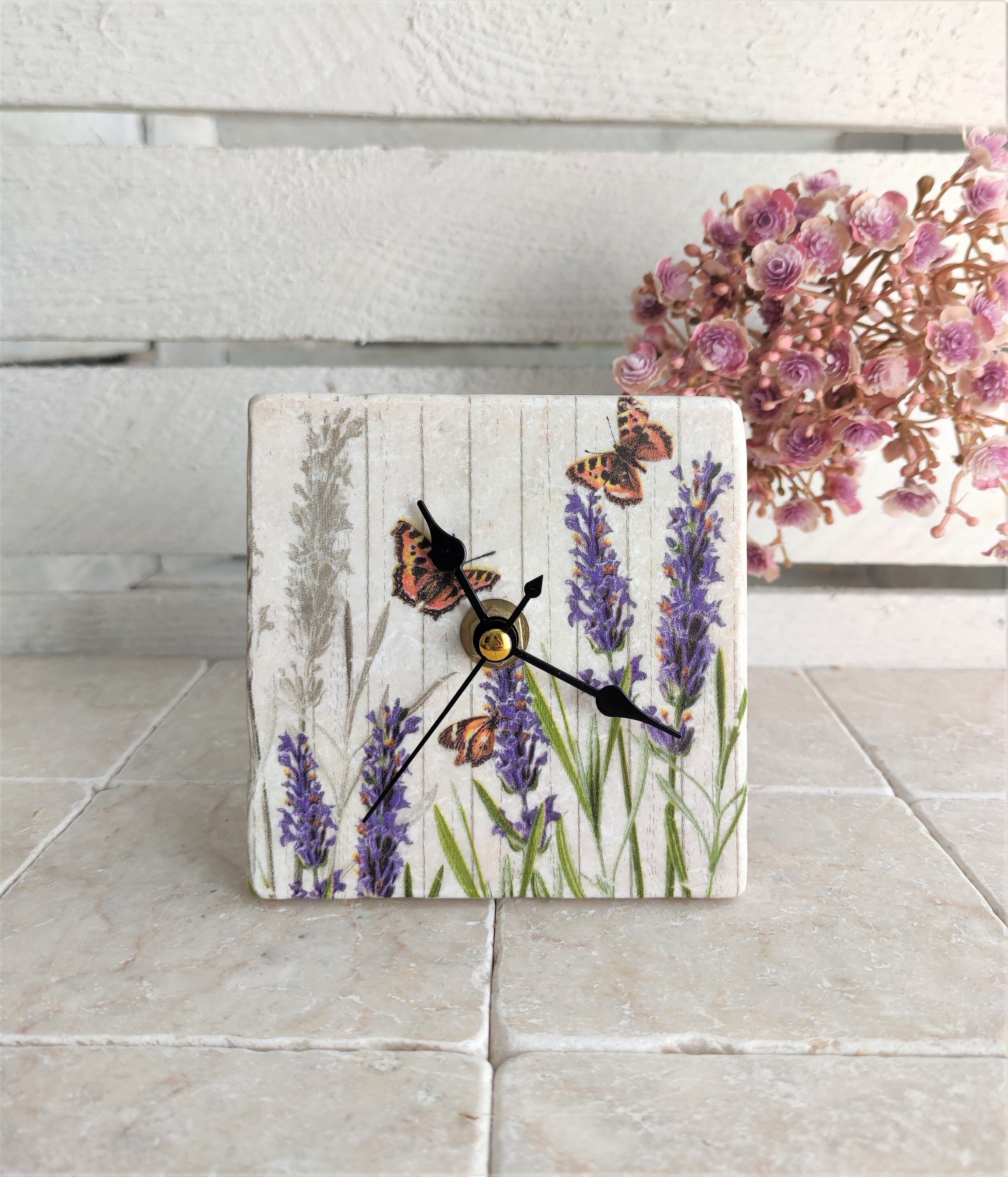 Handmade Marble Tile Clock With Butterflies, Including Wooden Stand ...