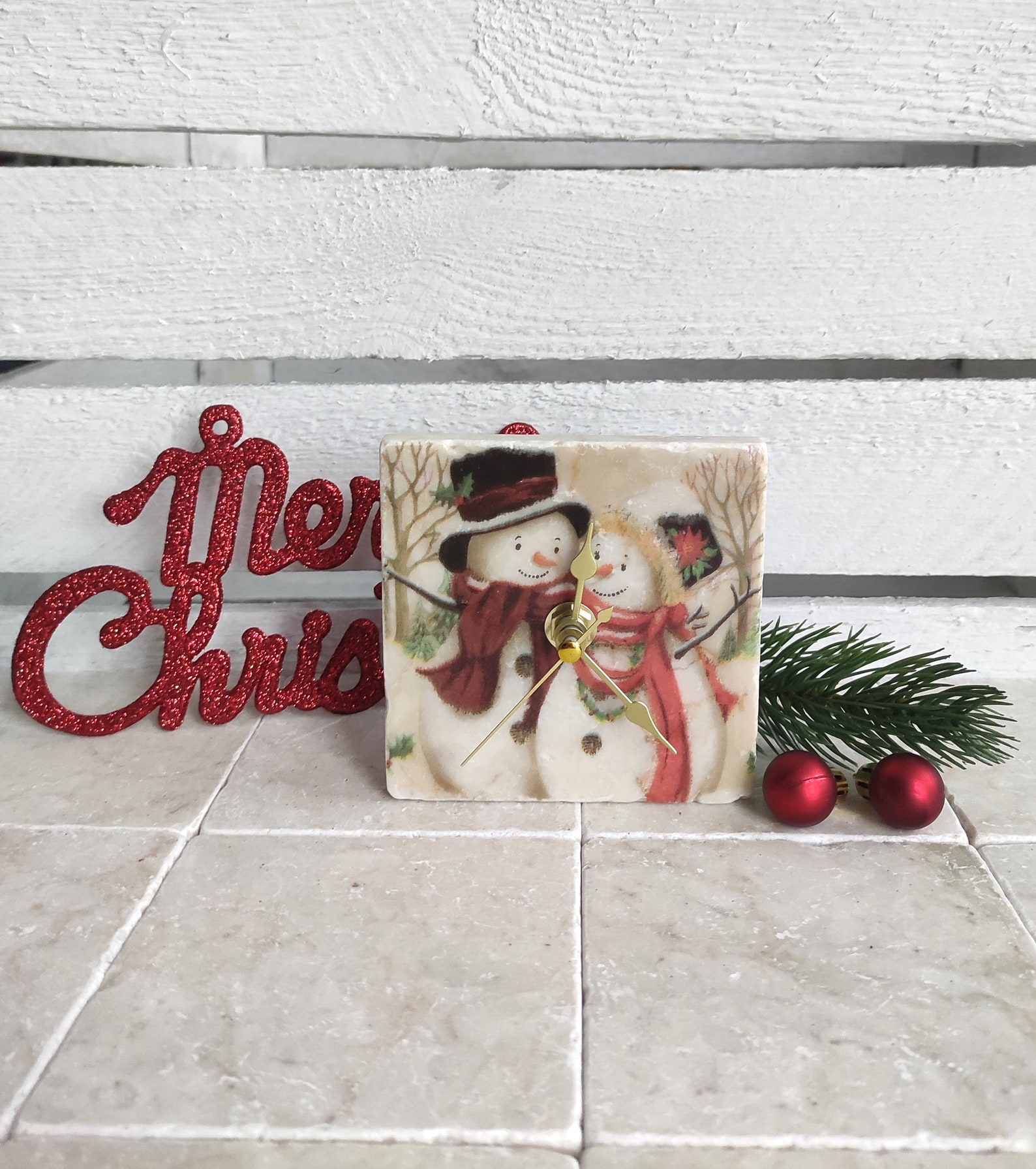 Handmade Marble Tile Clock With Snowman and Snowwoman - Etsy