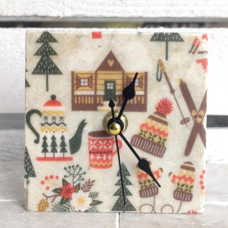 Handmade Marble Tile Clock With Winter Motif, Including Wooden Stand - Etsy