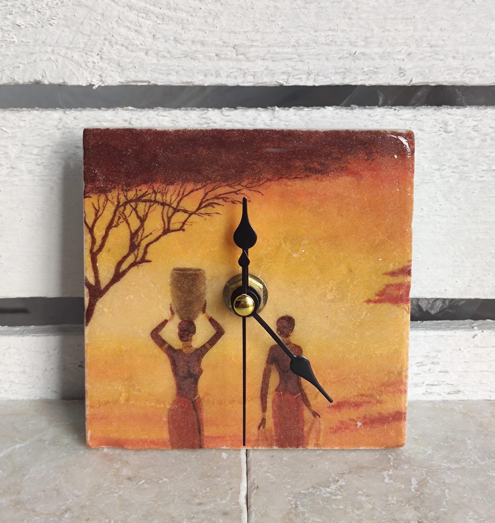 Handmade Marble Tile Clock With African Motif, Including Wooden Stand ...