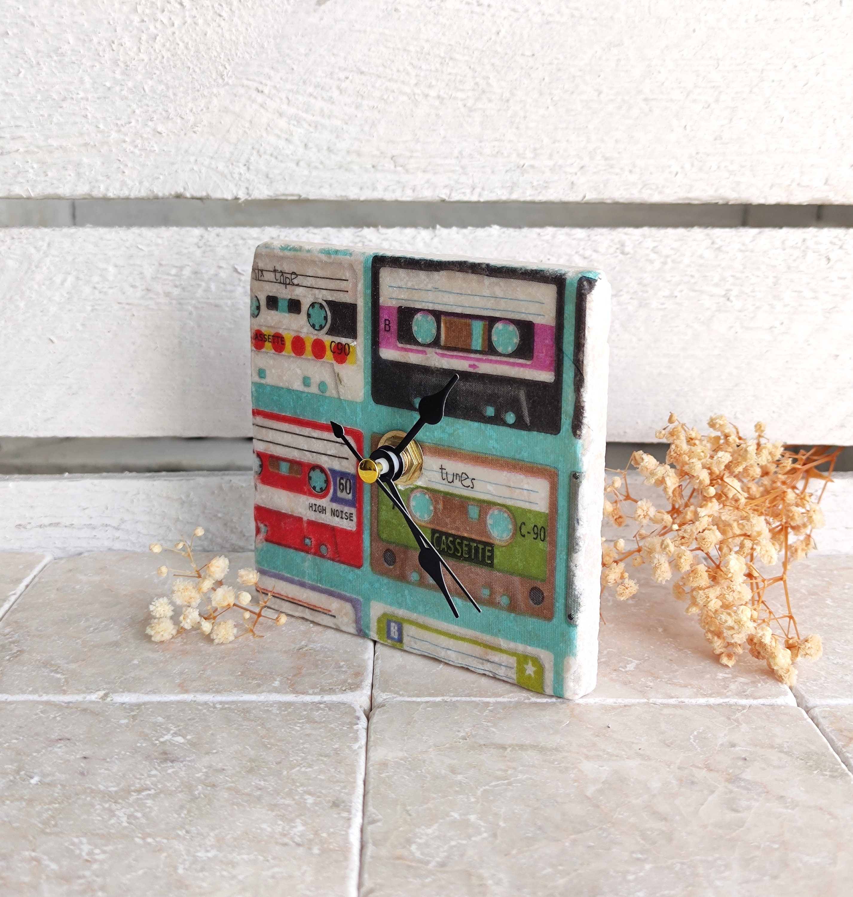 Handmade Marble Tile Clock With Cassettes From the 90s in Different ...