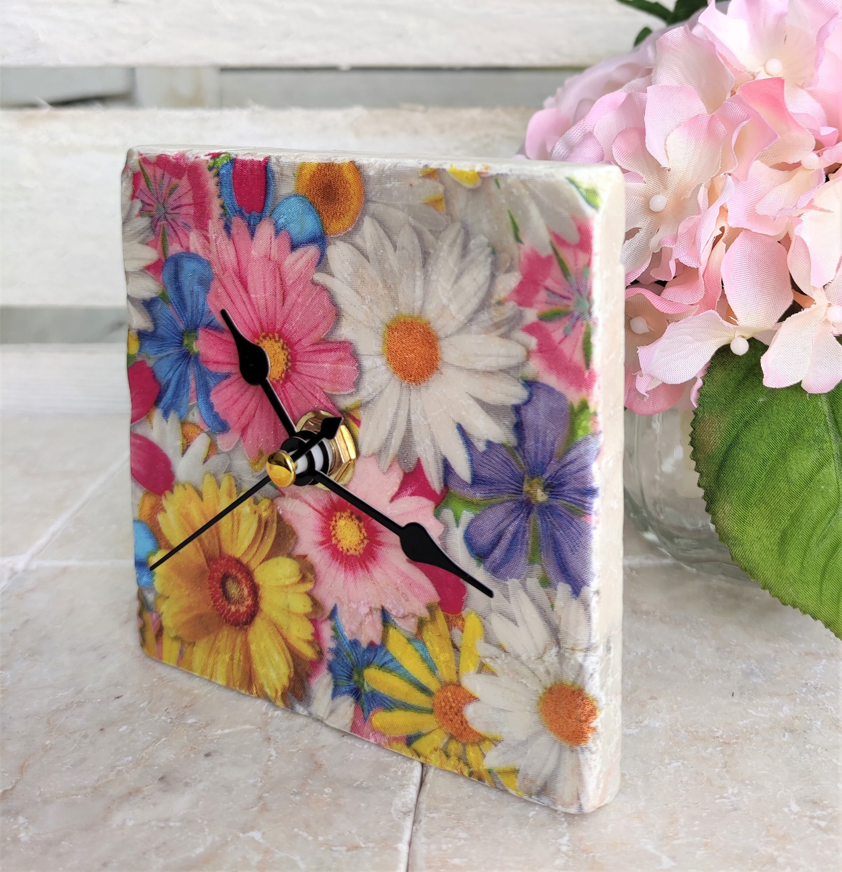 Handmade Marble Tile Clock With Flower Motif - Etsy