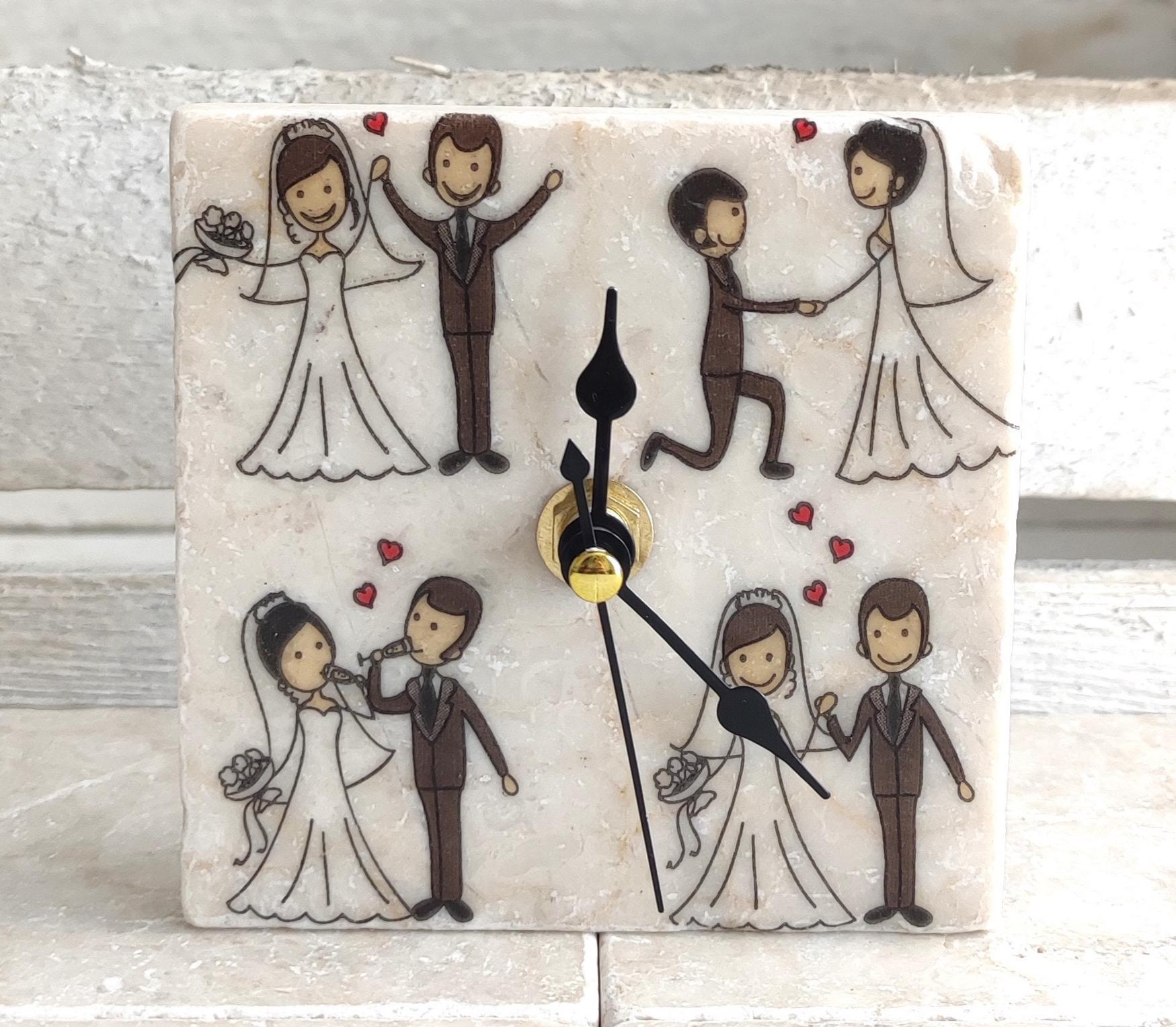 Handmade Marble Tile Clock With Wedding Motif, Including Wooden Stand ...