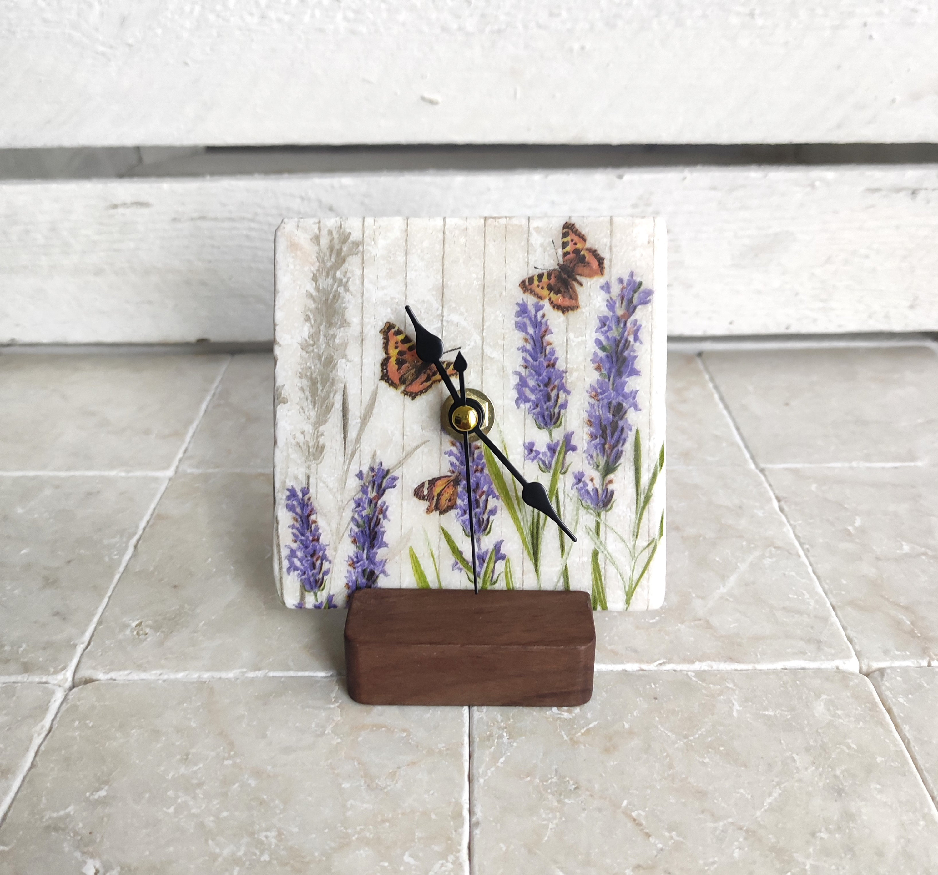 Handmade Marble Tile Clock With Butterflies, Including Wooden Stand ...