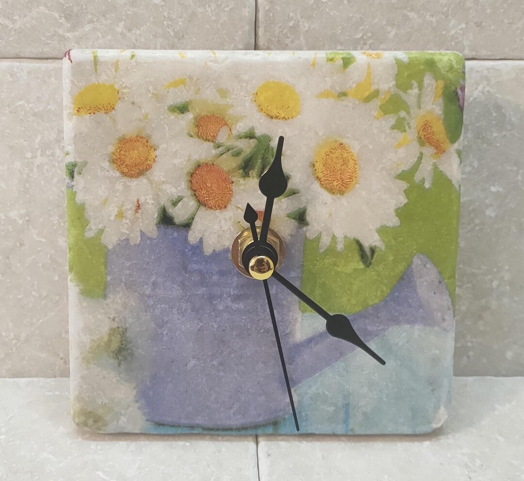 Marble Tile Clock With Flowers and Watering Can and Flowers Motif ...