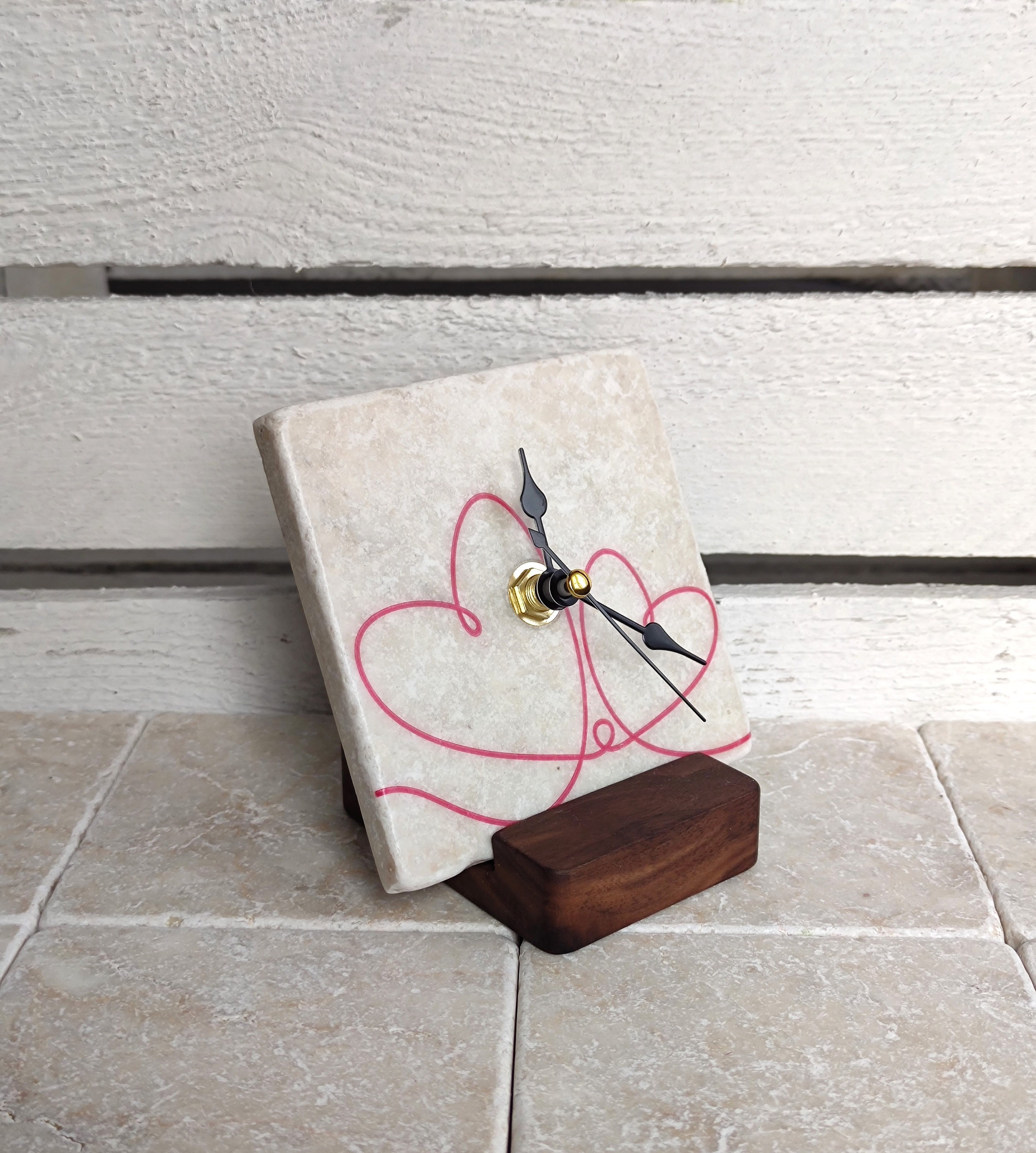 Handmade Marble Tile Clock With a Heart Motif, Including Wooden Stand ...