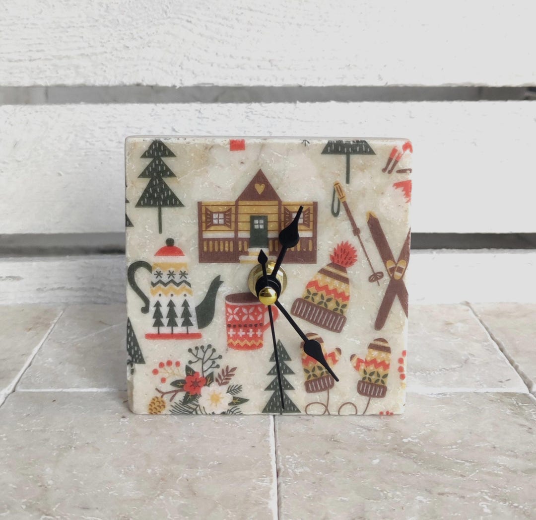 Handmade Marble Tile Clock With Winter Motif, Including Wooden Stand - Etsy