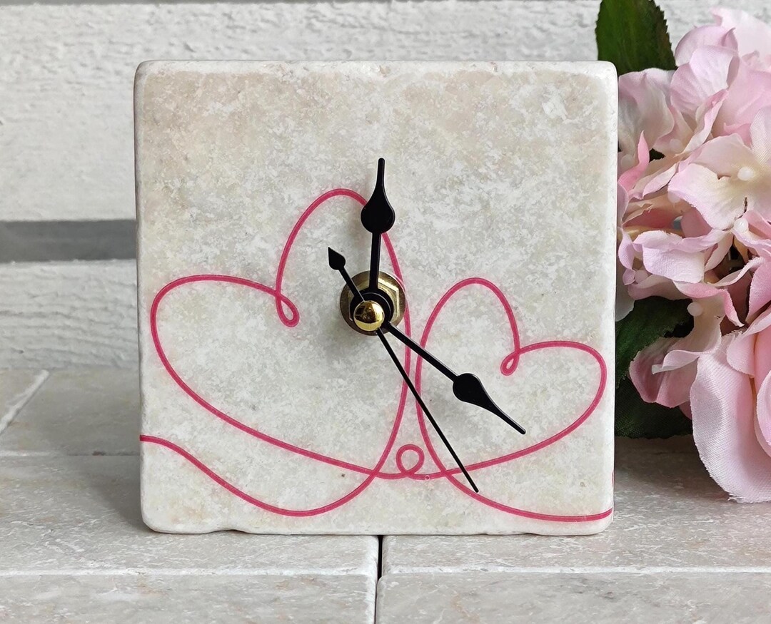 Handmade Marble Tile Clock With a Heart Motif, Including Wooden Stand ...