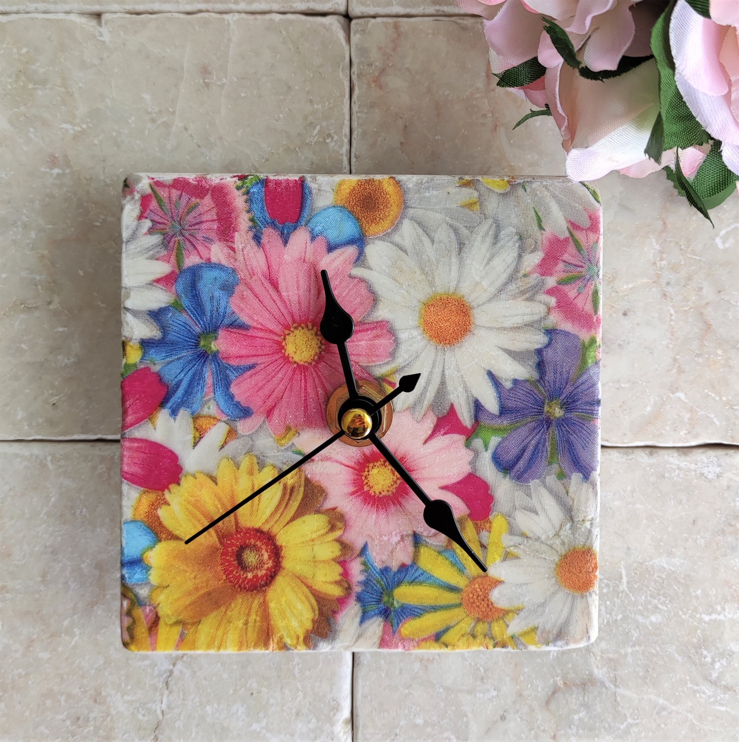 Handmade Marble Tile Clock With Flower Motif - Etsy