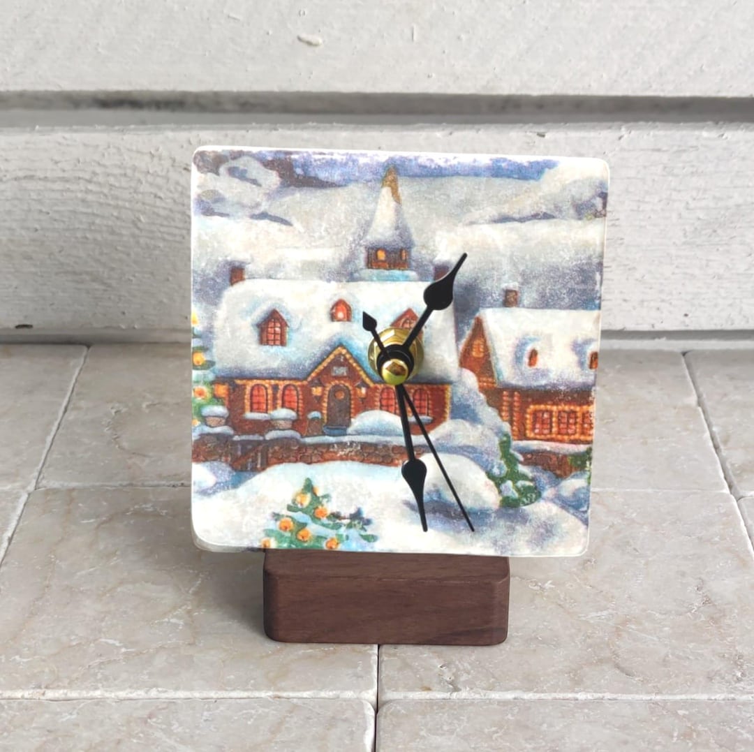 Handmade Marble Tile Clock With Houses in the Snow - Etsy