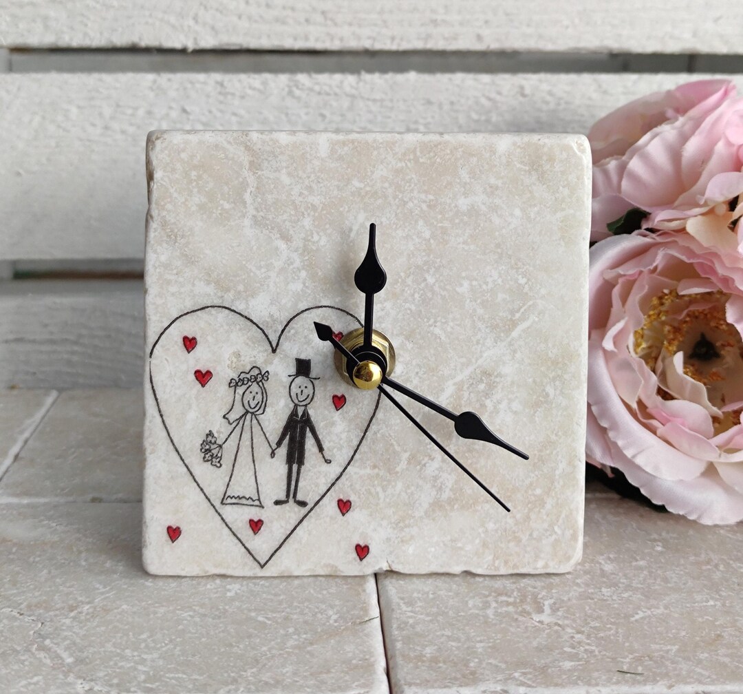 Handmade Marble Tile Clock With Wedding Motif, Including Wooden Stand ...
