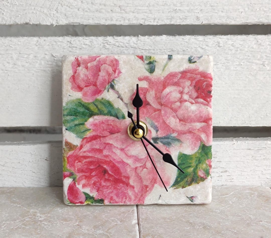 Handmade Marble Tile Clock With Flower Motif, Including Wooden Stand - Etsy