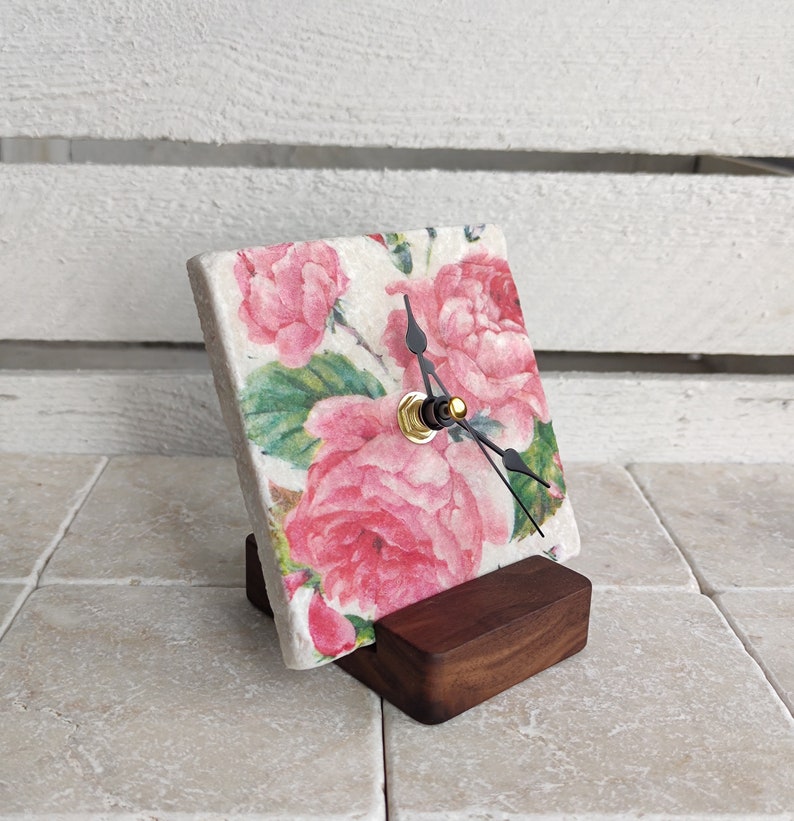Handmade Marble Tile Clock With Flower Motif, Including Wooden Stand - Etsy