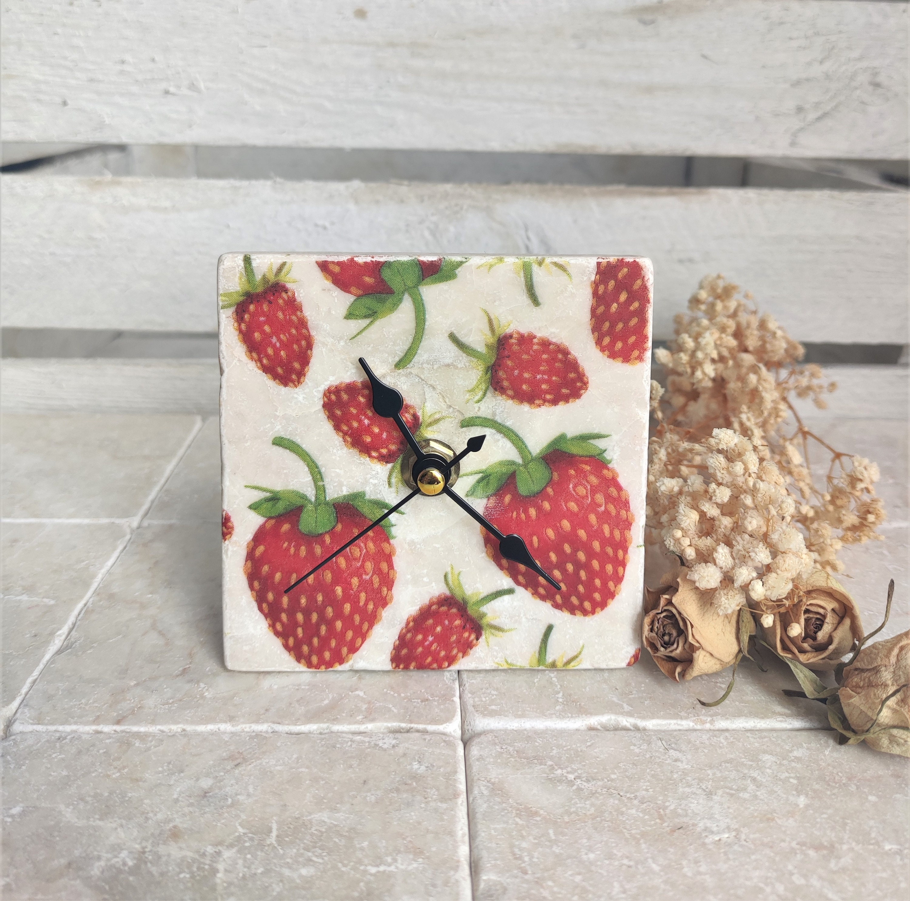 Handmade Marble Tile Clock With Strawberries Motif, Including Wooden ...