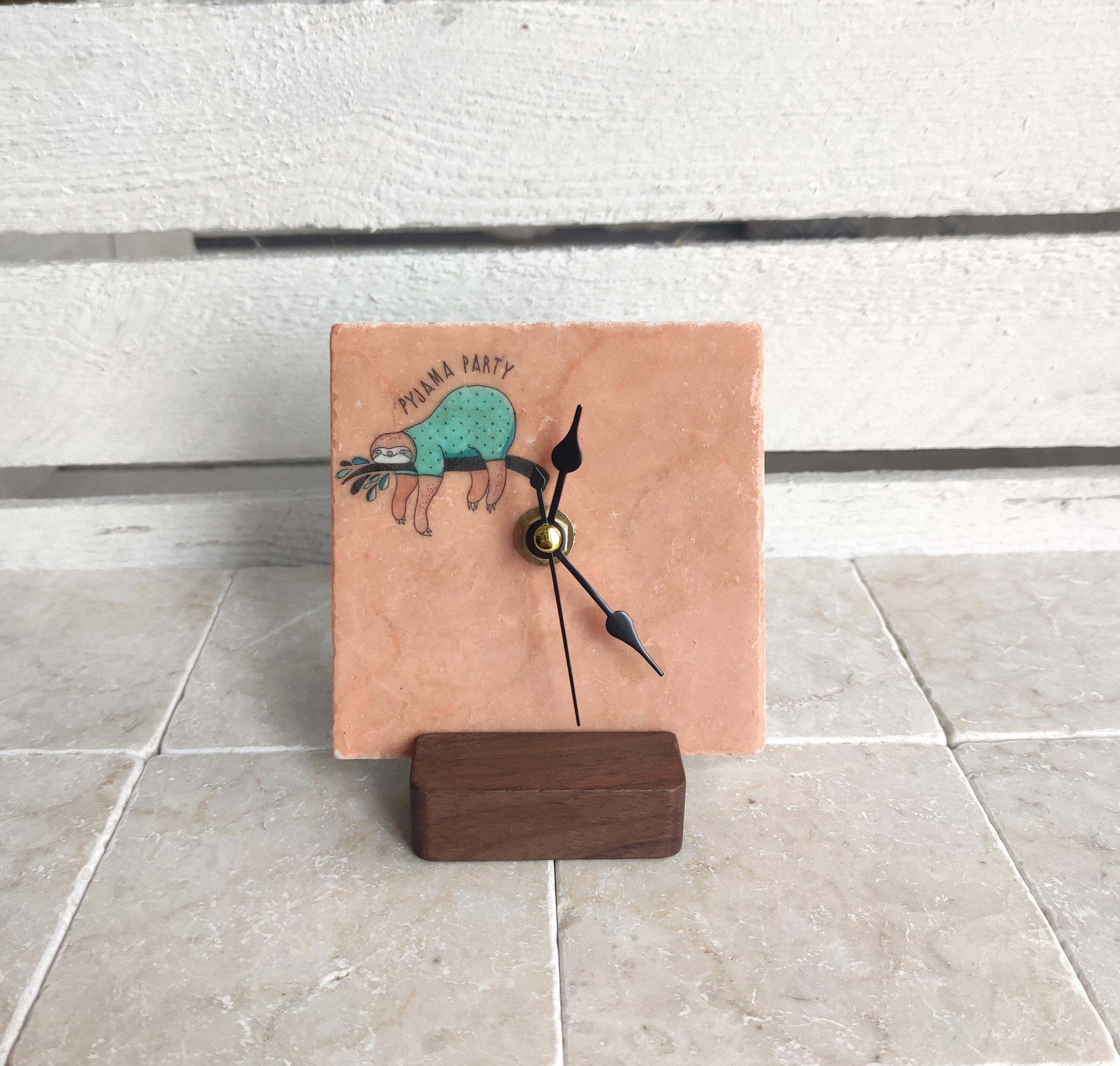 Small Marble Tile Clock With Funny Sloth Motif, Including Wooden Stand ...