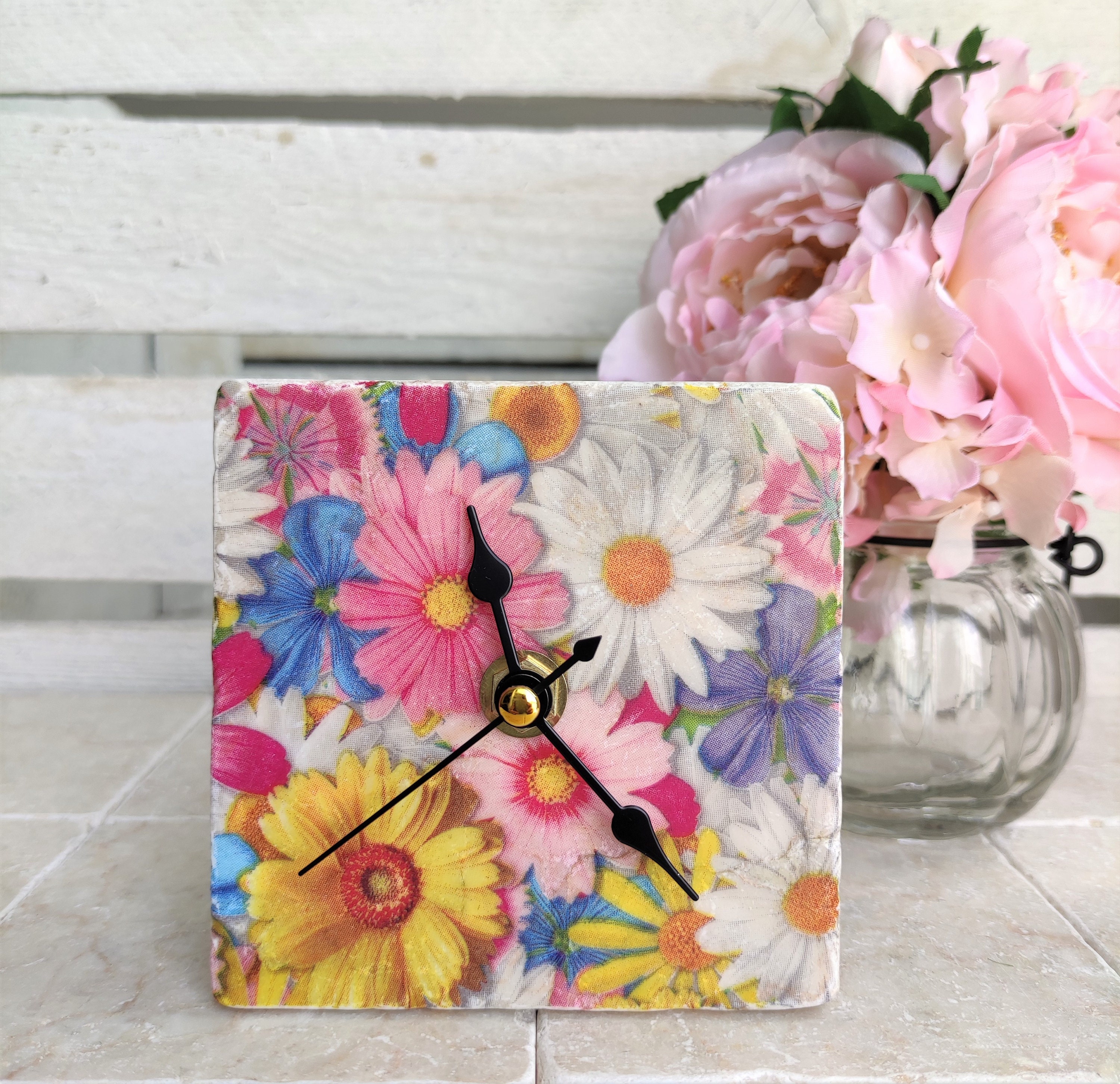 Handmade Marble Tile Clock With Flower Motif - Etsy