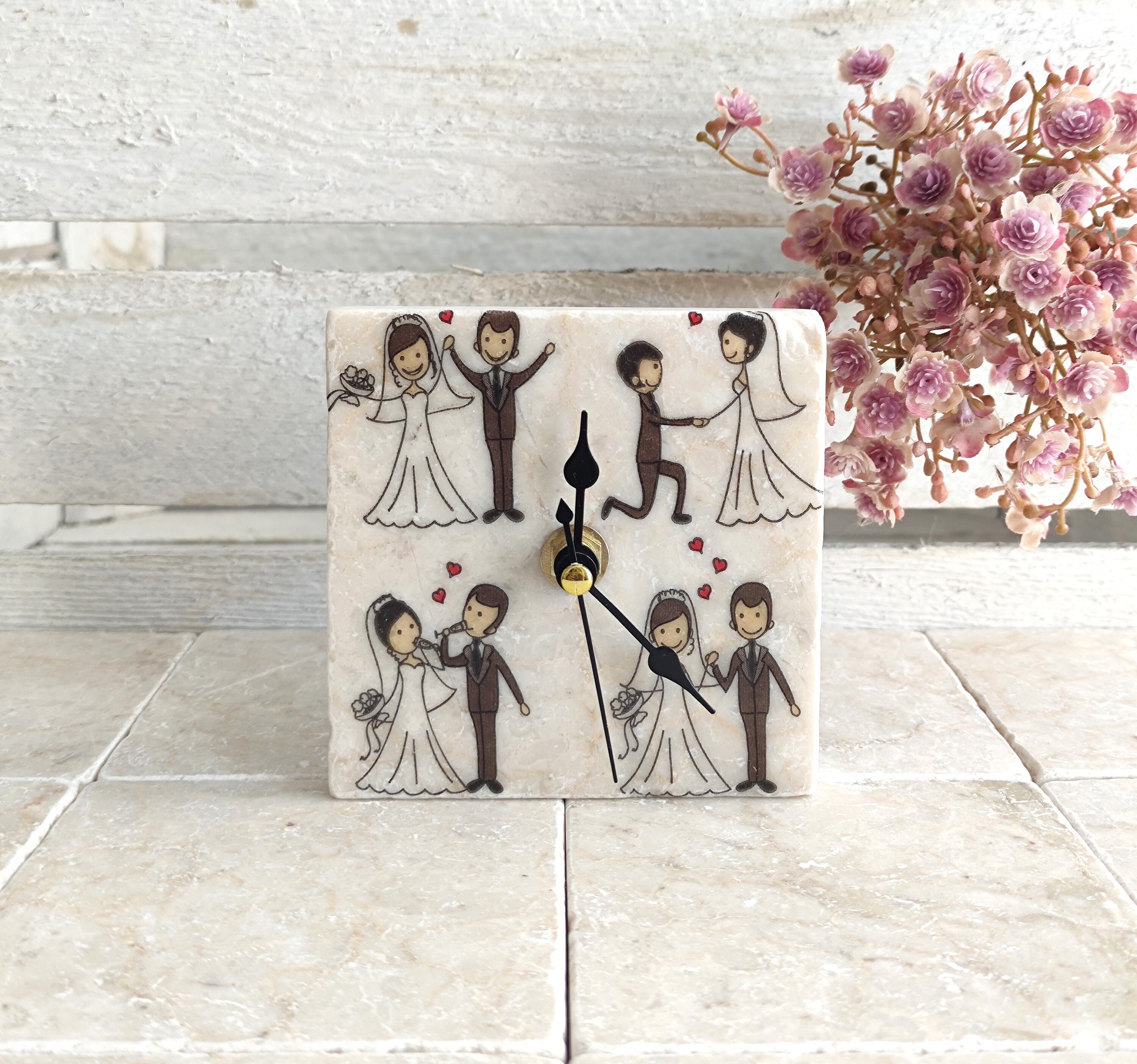 Handmade Marble Tile Clock With Wedding Motif, Including Wooden Stand ...