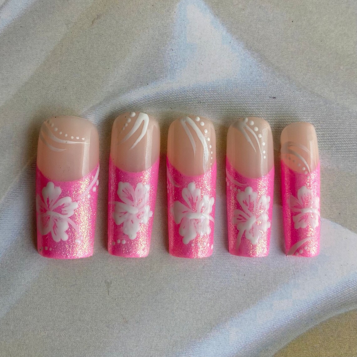 10 Pcs Hibiscus Nails Pink French Tip Hibiscus Nails - Etsy