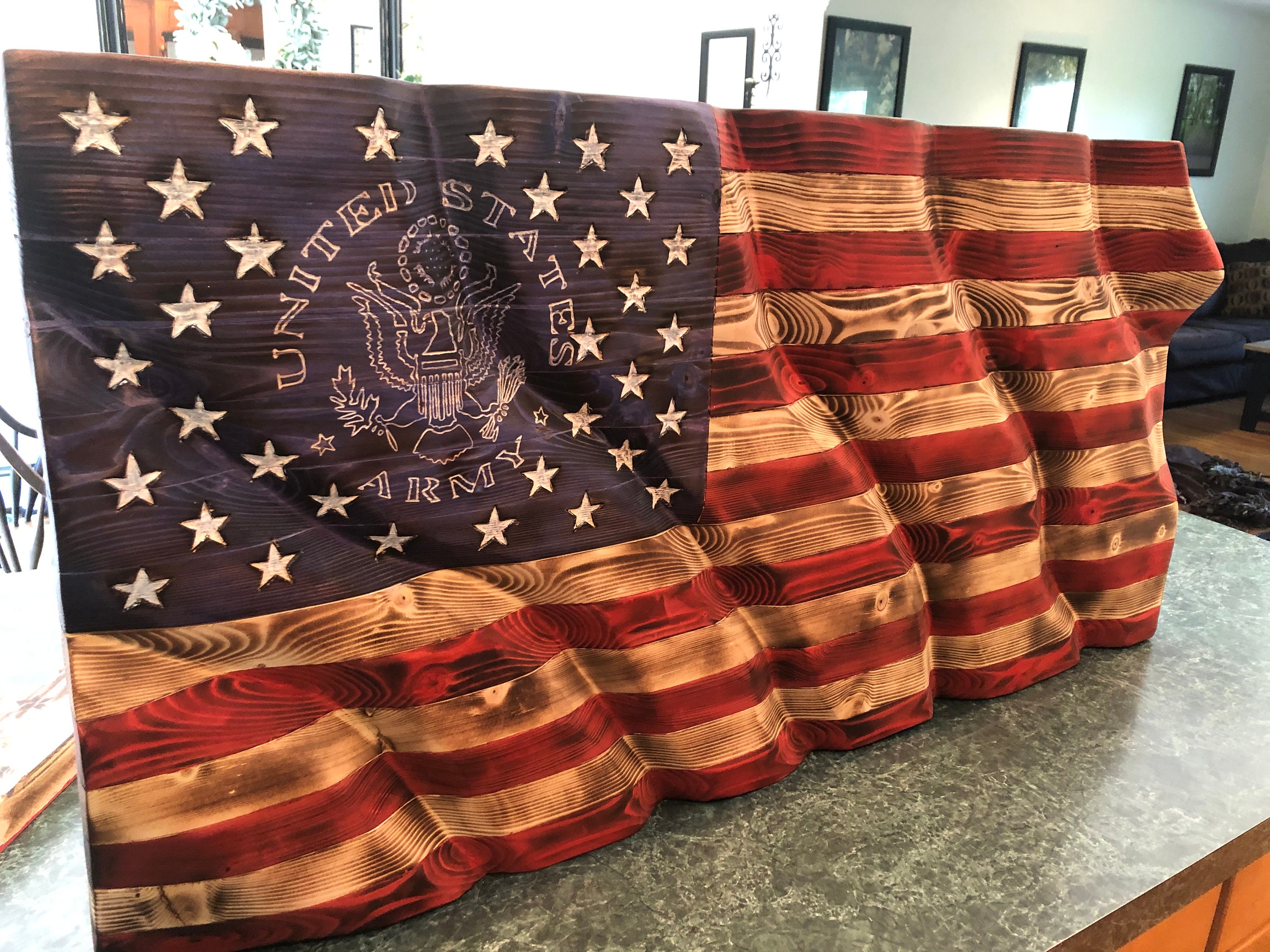 Hand Carved Wooden American Flag - Etsy