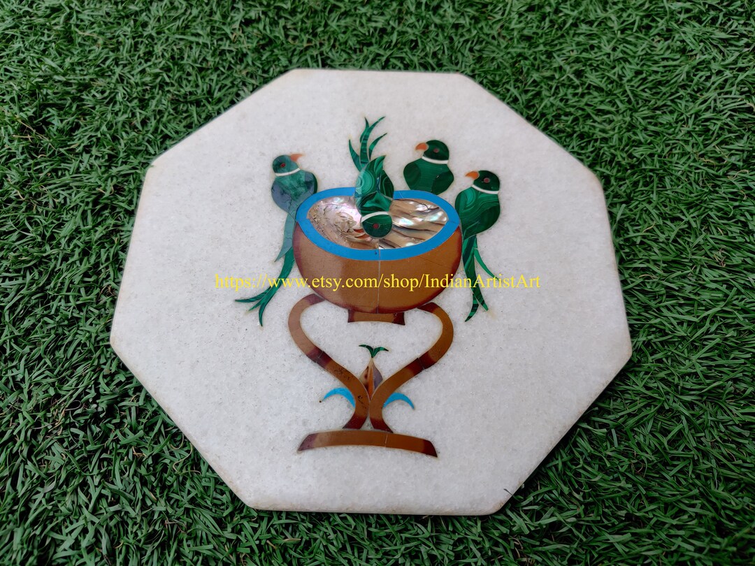 A Bunch of Parrots Drinks Water, White Marble Inlay Art Tile With ...